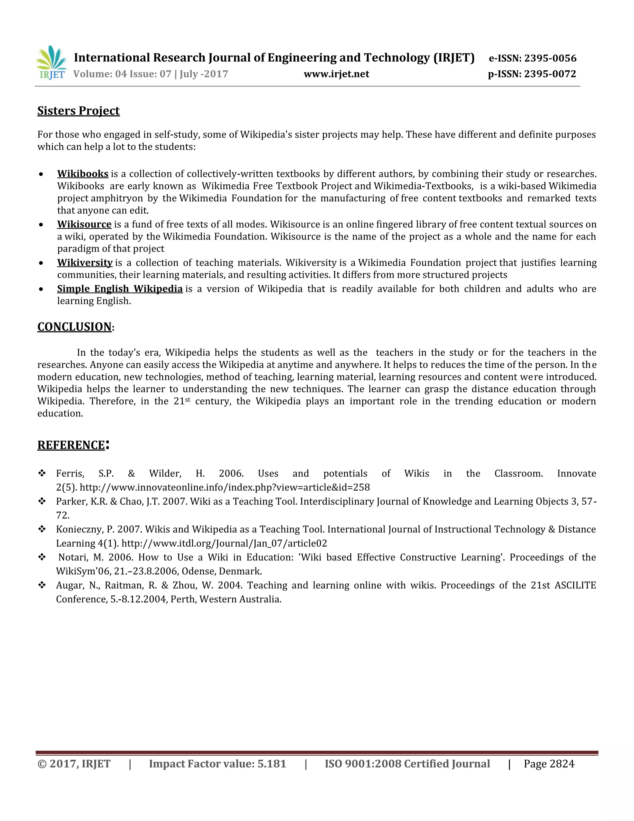 Role of Wikipedia in Modern Education | PDF