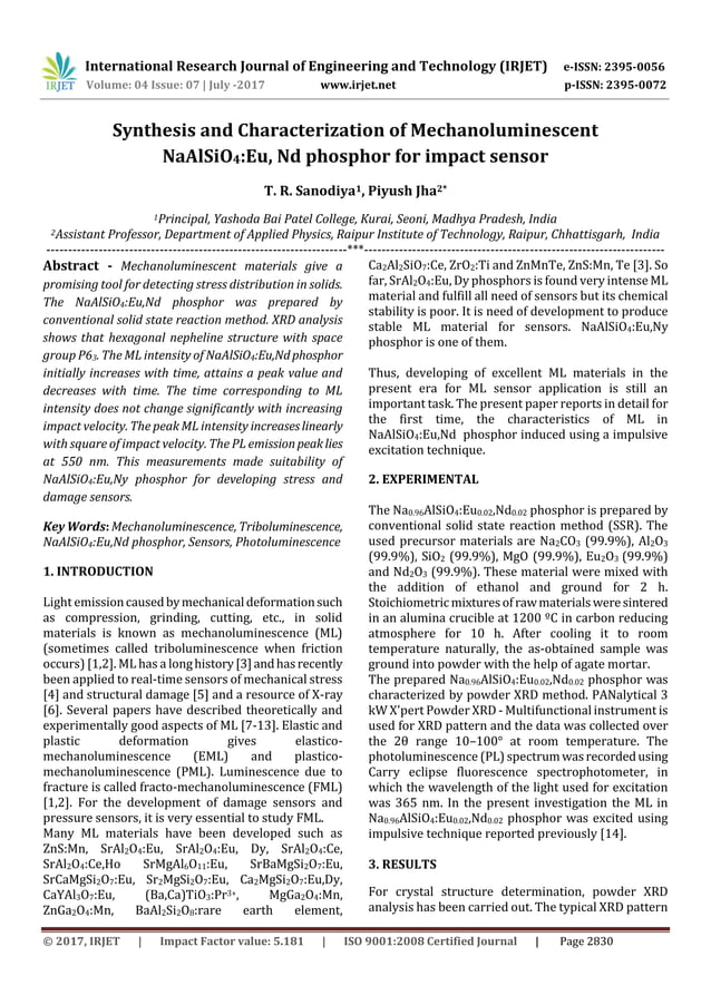 Synthesis and Characterization of Mechanoluminescent NaAlSiO4:Eu,Nd ...