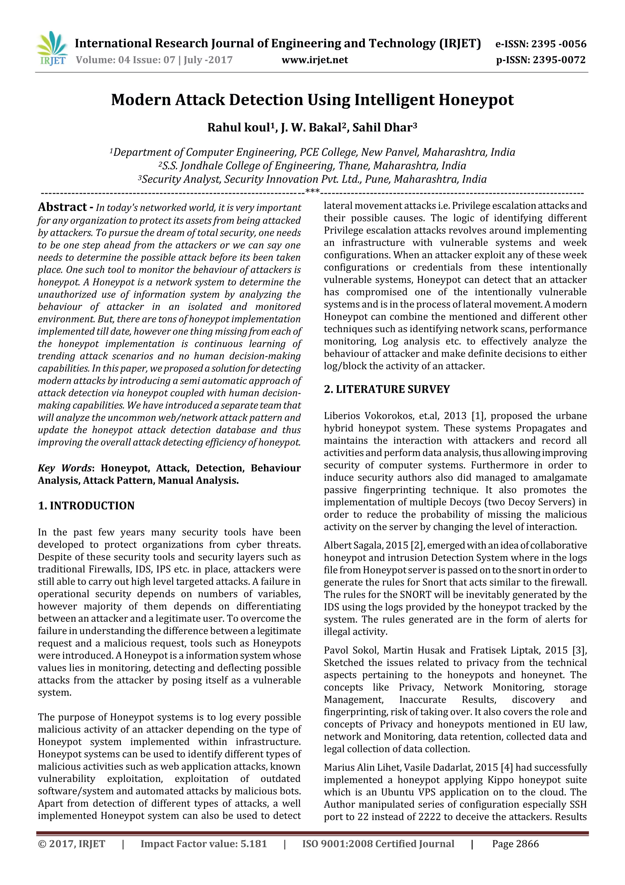 Modern Attack Detection using Intelligent Honeypot | PDF