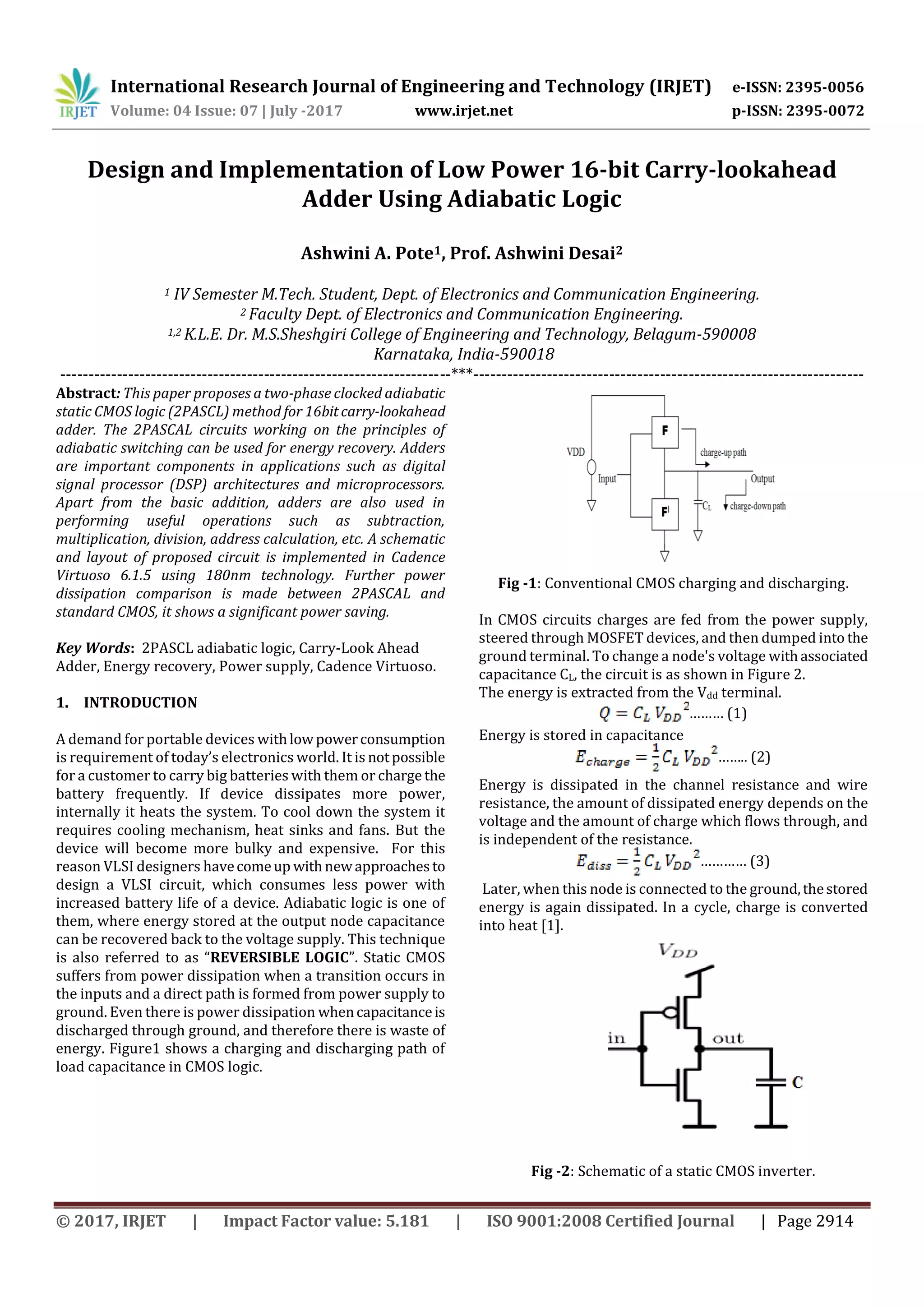 Design and Implementation of Low Power 16-bit Carry-lookahead Adder using Adiabatic Logic | PDF
