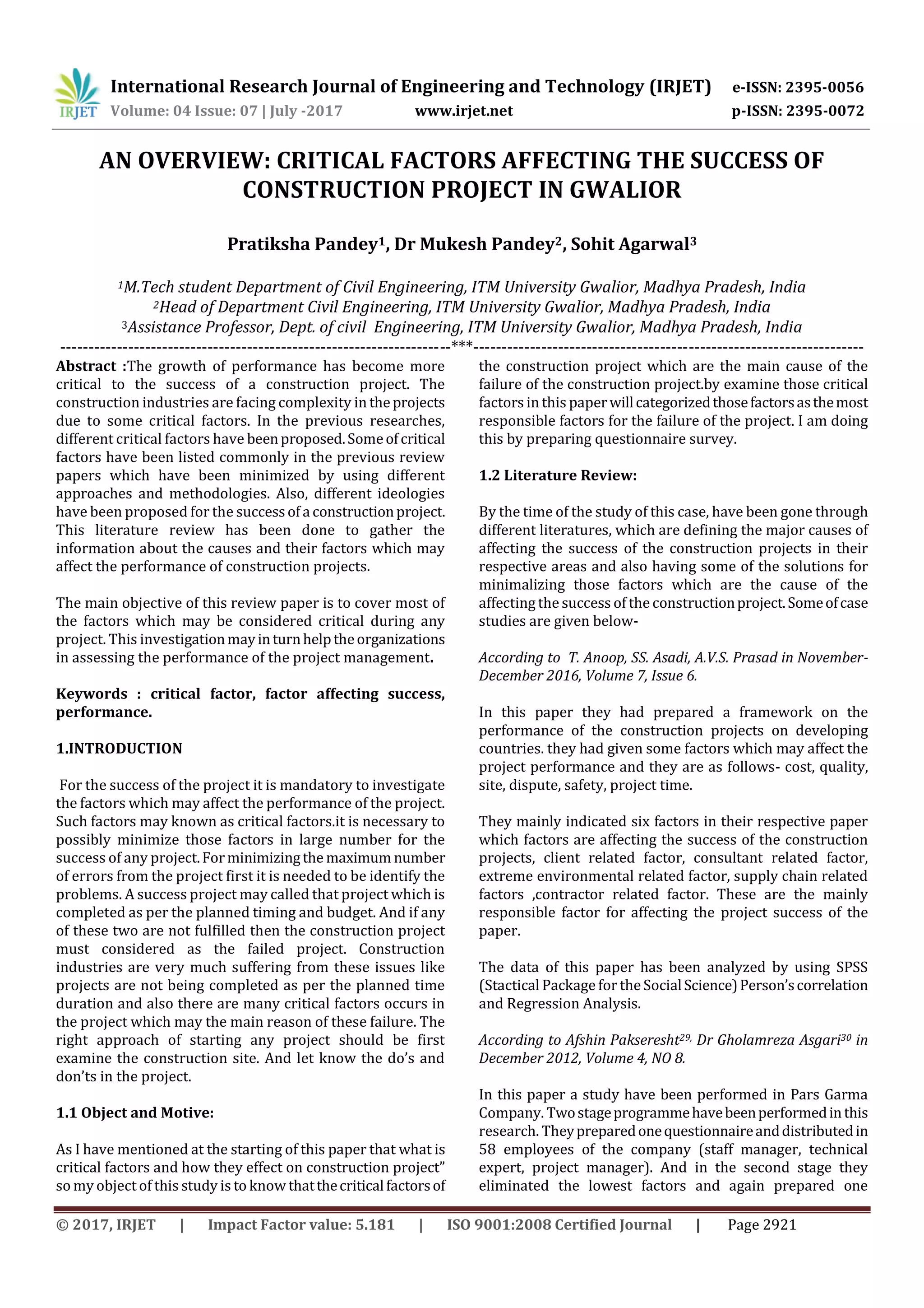 An Overview: Critical Factors Affecting The Success of Construction ...