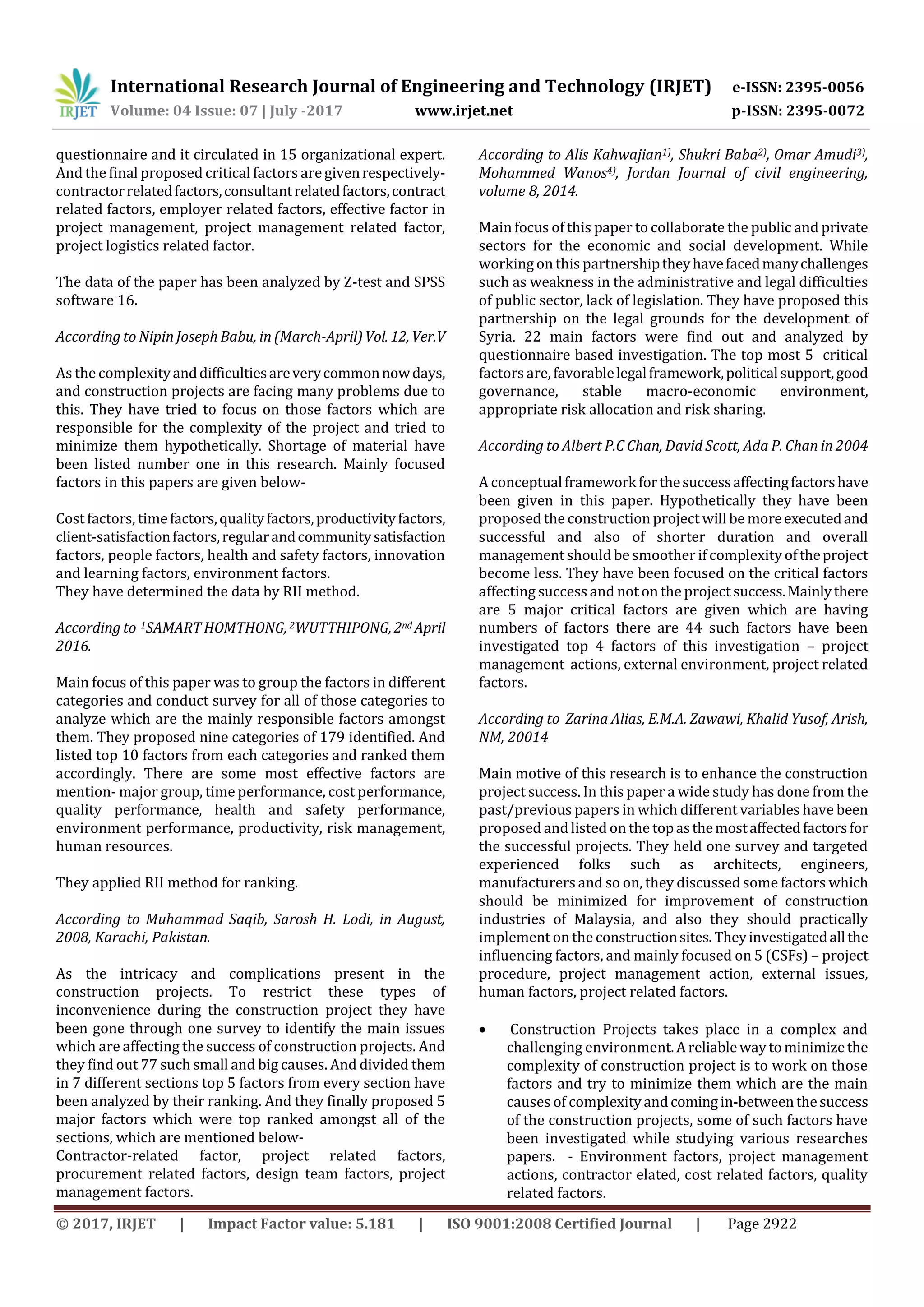 An Overview: Critical Factors Affecting The Success of Construction ...