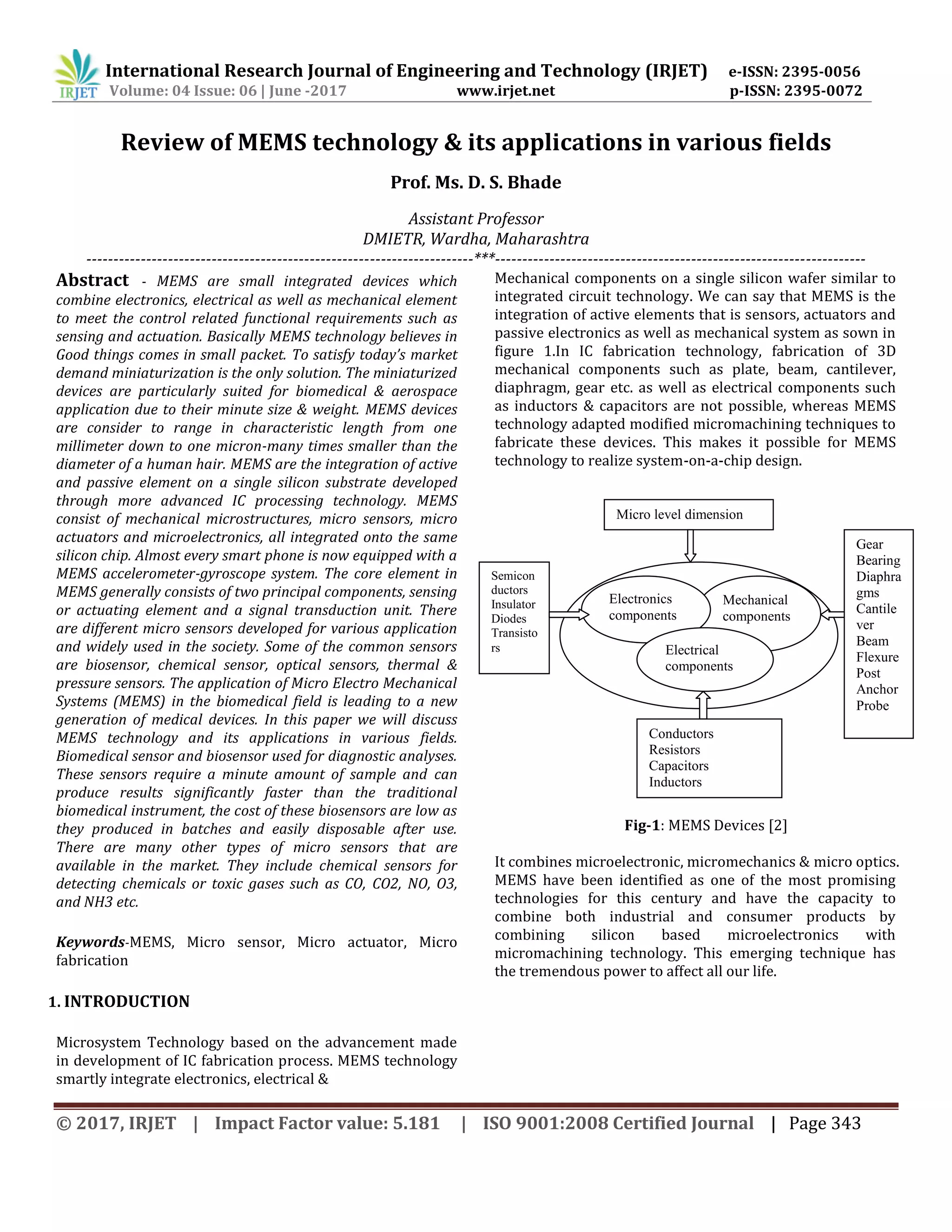 Review of MEMS Technology & its Applications in Various Fields | PDF | Chemistry | Science