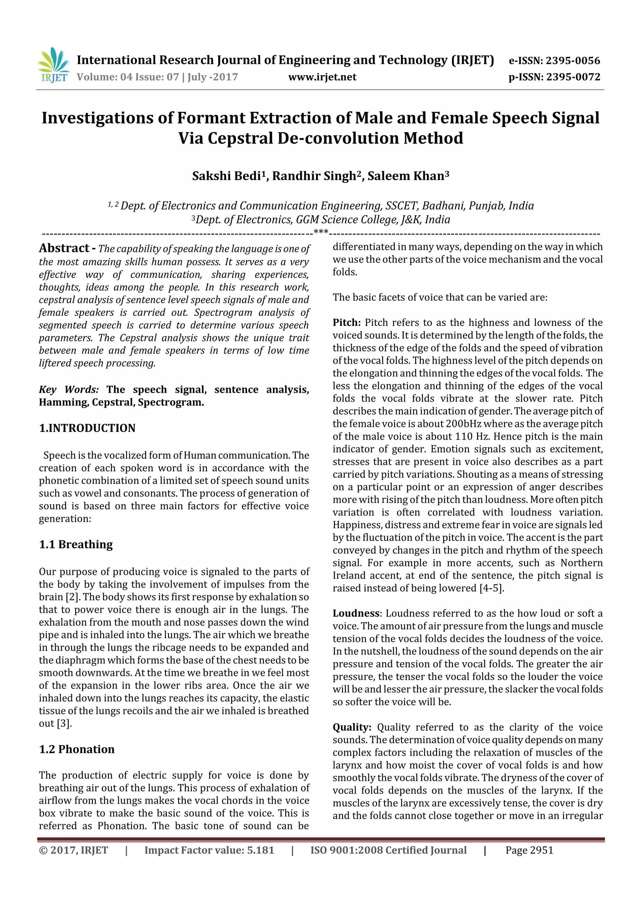 Investigations of Formant Extraction of Male and Female Speech Signal Via Cepstral De ...