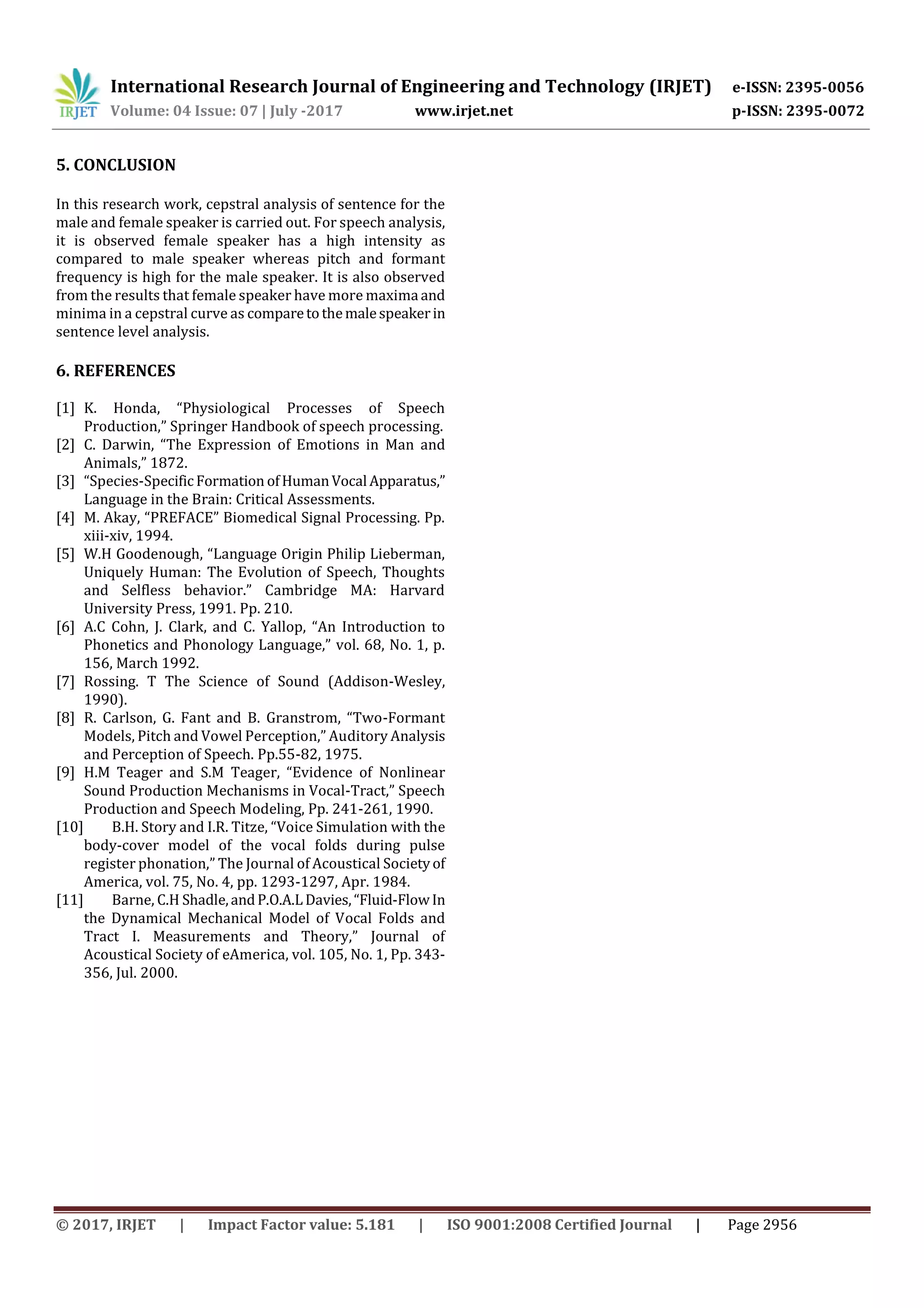 Investigations of Formant Extraction of Male and Female Speech Signal Via Cepstral De ...
