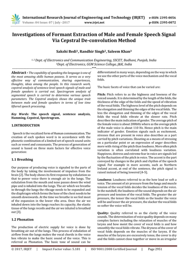 Investigations of Formant Extraction of Male and Female Speech Signal Via Cepstral De ...