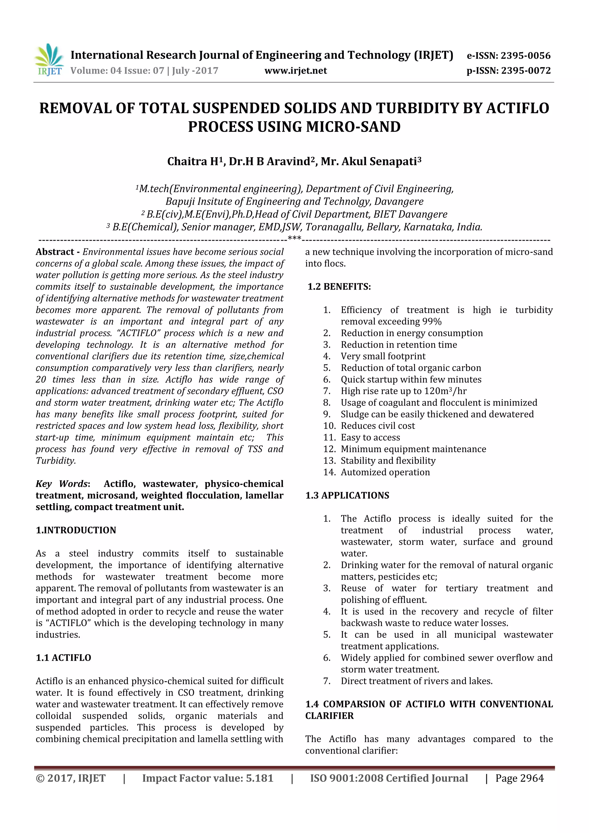Removal of Total Suspended Solids and Turbidity by Actiflo Process using Micro-Sand | PDF ...