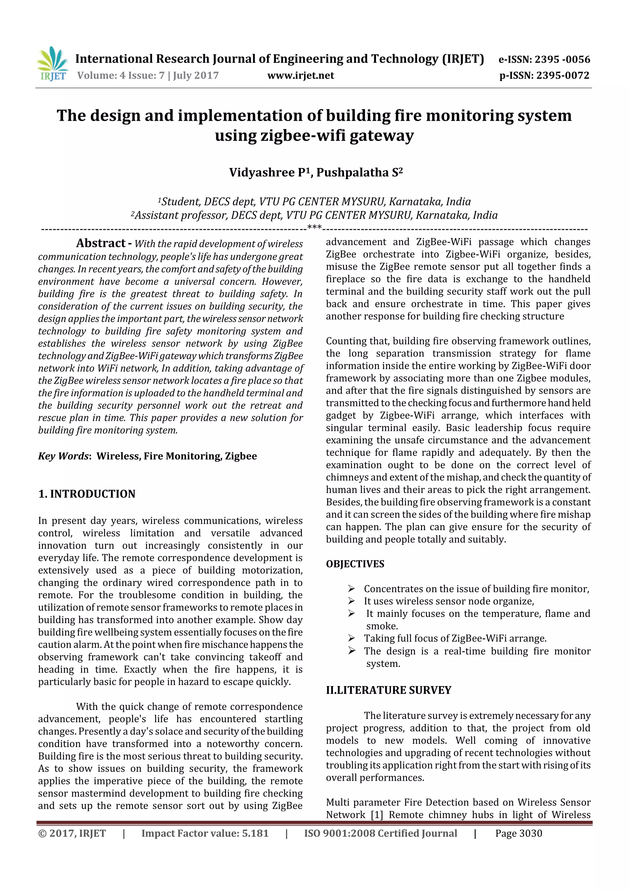 The Design and Implementation of Building Fire Monitoring System using ZIGBEE-WIFI Gateway | PDF