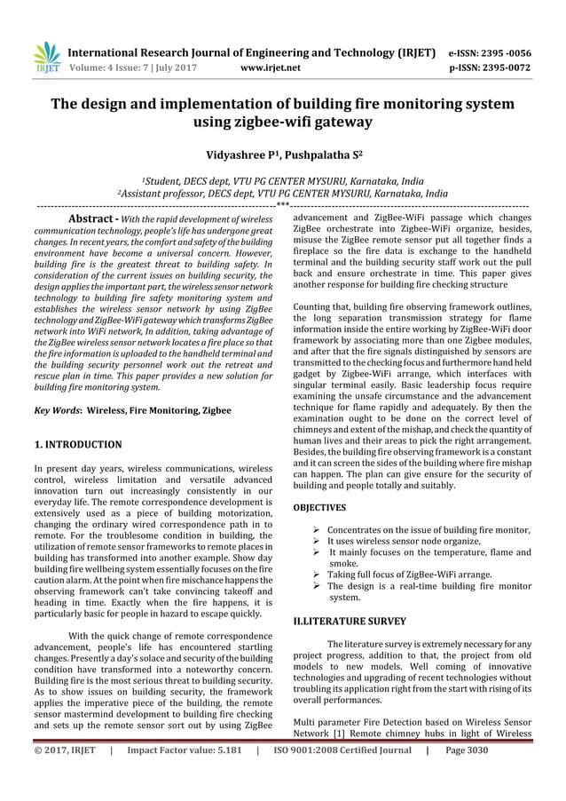 The Design and Implementation of Building Fire Monitoring System using ZIGBEE-WIFI Gateway | PDF