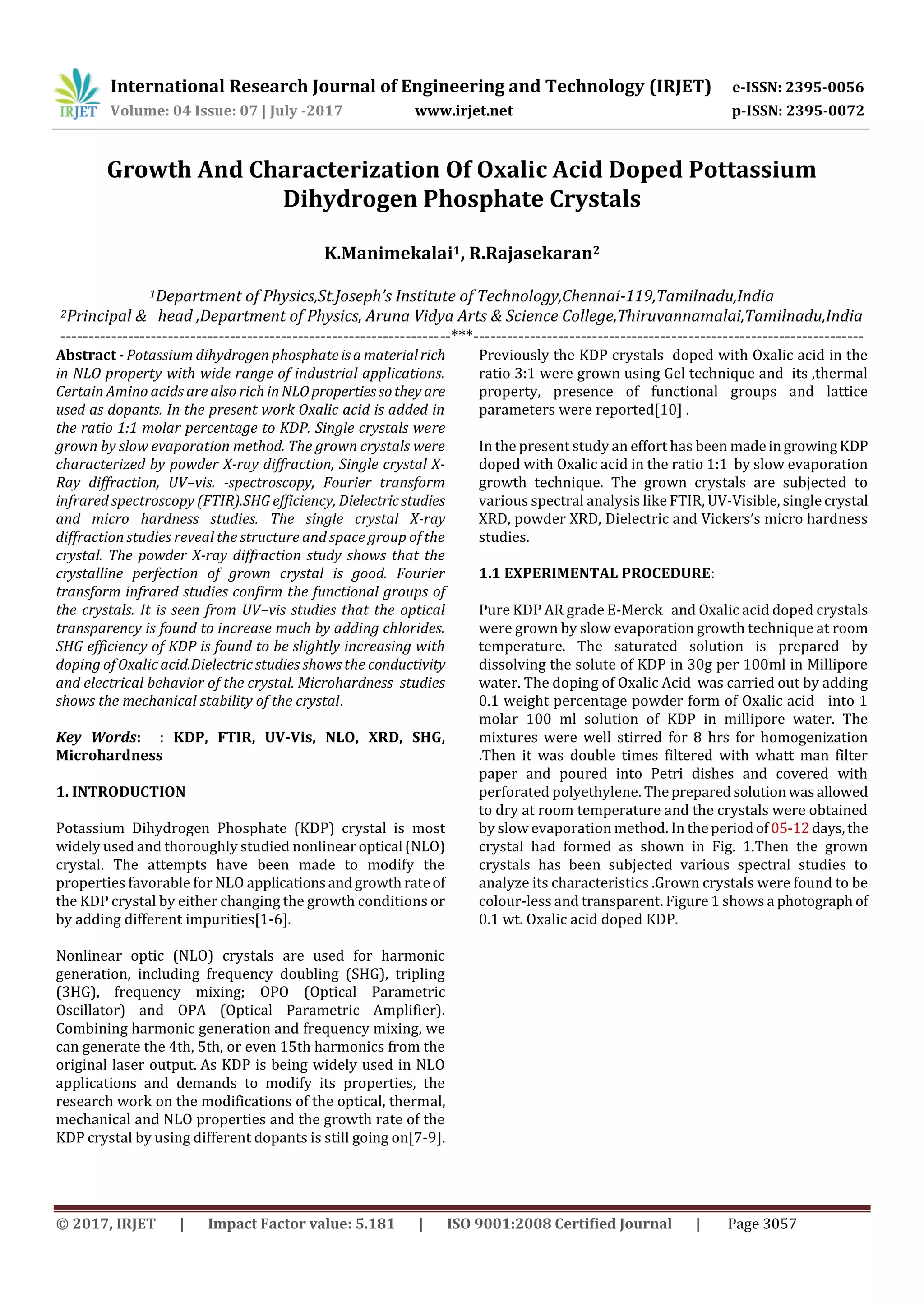 Growth and Characterization of Oxalic Acid Doped Pottassium Dihydrogen ...