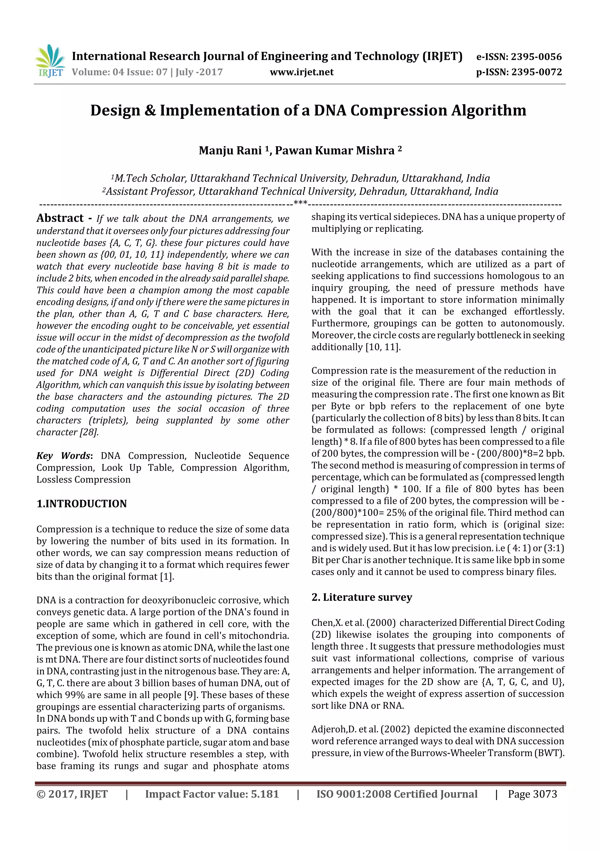 Design & Implementation of a DNA Compression Algorithm | PDF Design & Implementation of a DNA Compression Algorithm | PDF