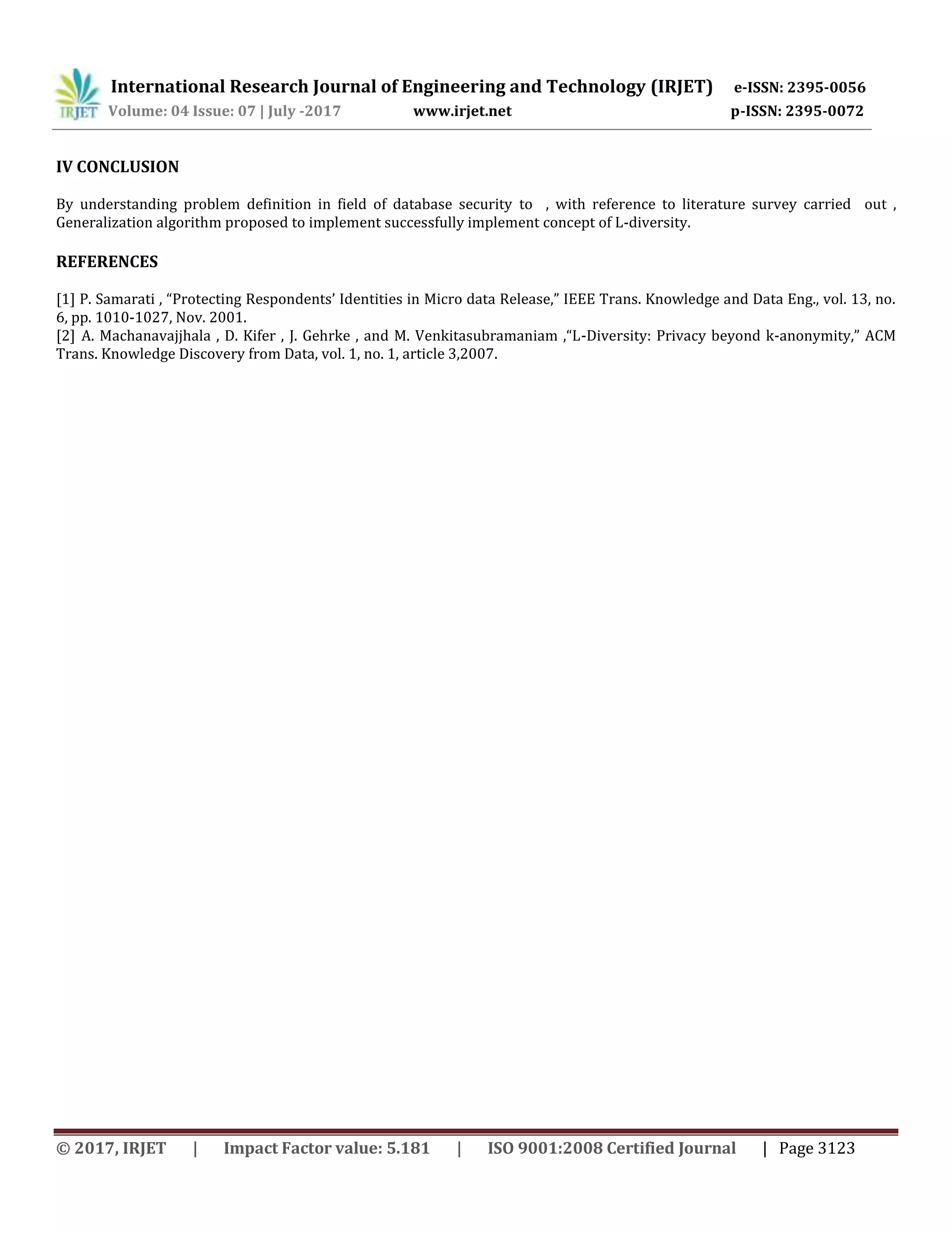 Implement L Diversity By Using Generalization Algorithm Pdf Free Download