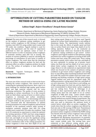 Optimization of Cutting Parameters Based on Taugchi Method of AISI316 using CNC Lathe Machine | PDF