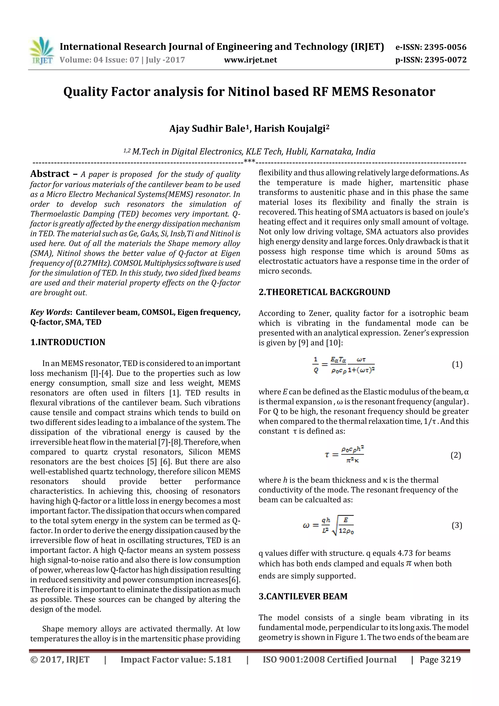 Quality Factor analysis for Nitinol based RF MEMS Resonator | PDF