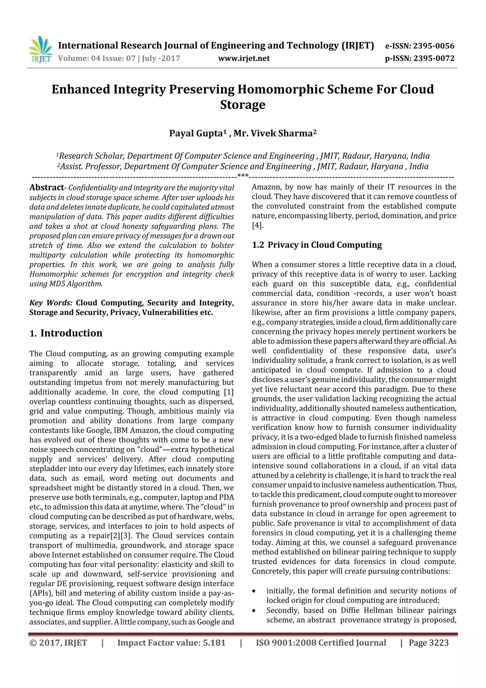 Enhanced Integrity Preserving Homomorphic Scheme for Cloud Storage | PDF | Cloud Computing ...