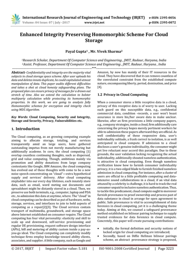 Enhanced Integrity Preserving Homomorphic Scheme for Cloud Storage ...