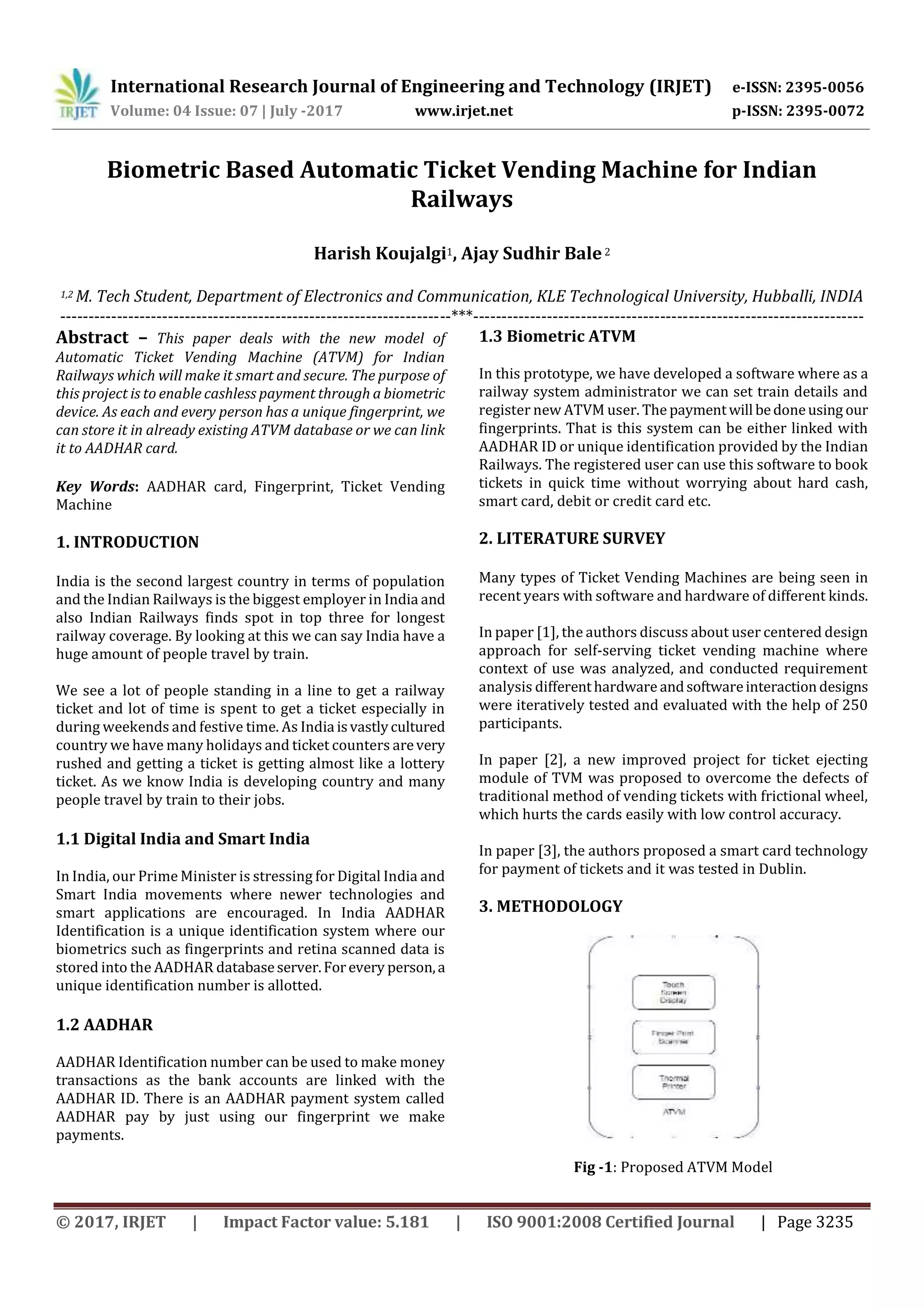 Biometric Based Automatic Ticket Vending Machine for Indian Railways | PDF