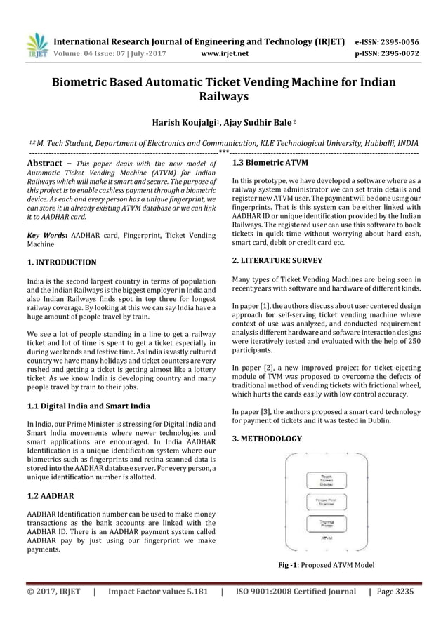 Biometric Based Automatic Ticket Vending Machine for Indian Railways | PDF