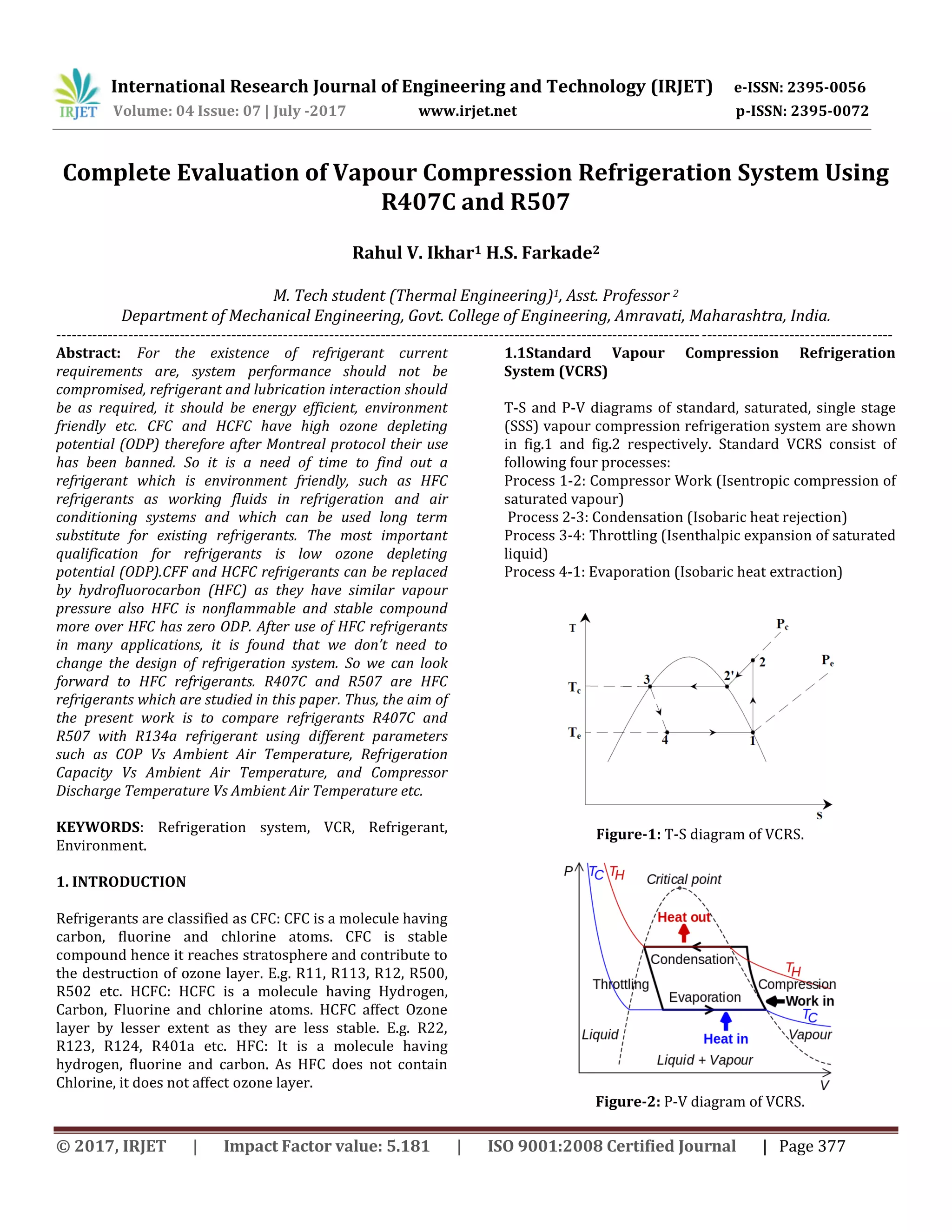 Complete Evaluation of Vapour Compression Refrigeration System using R407C and R507 | PDF ...