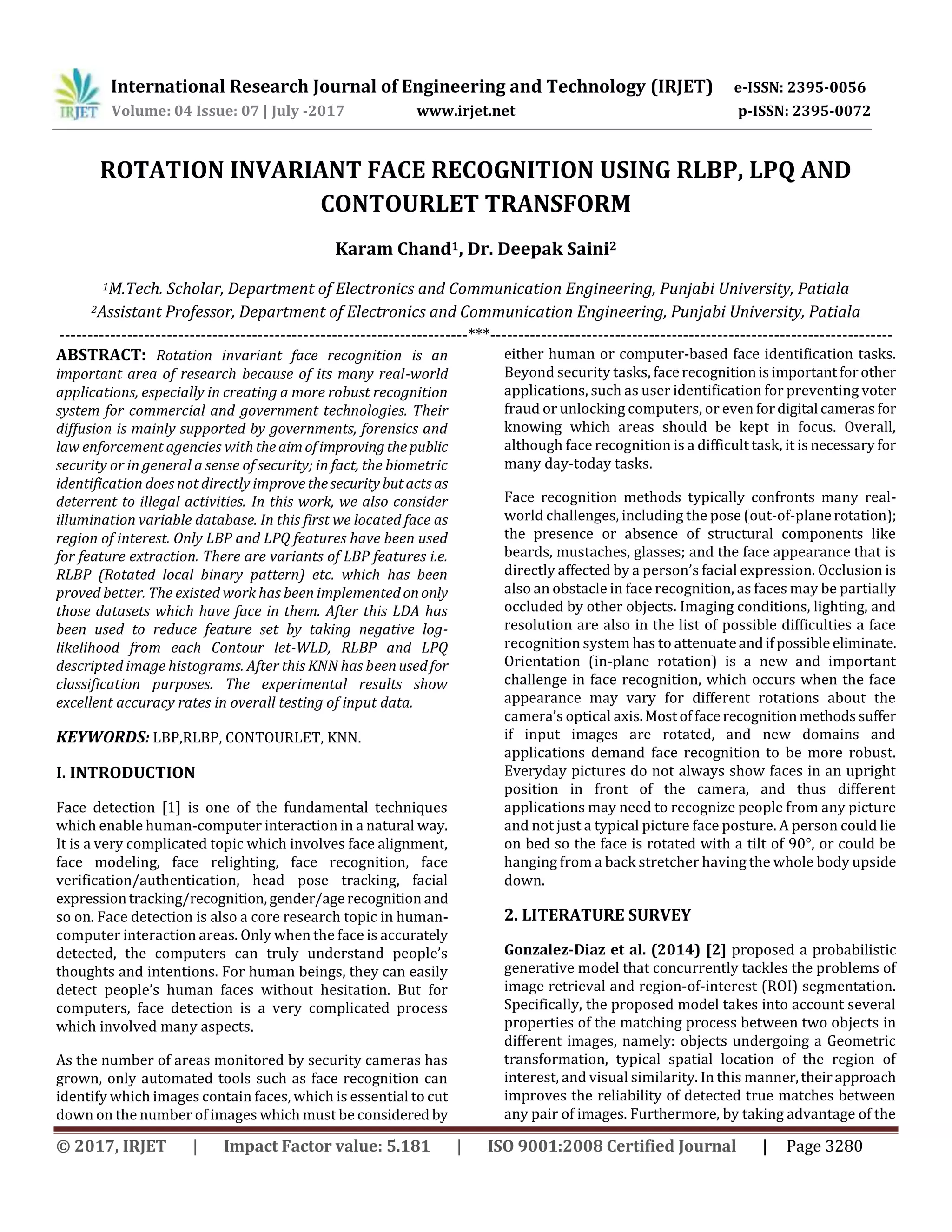 Rotation Invariant Face Recognition using RLBP, LPQ and CONTOURLET Transform | PDF