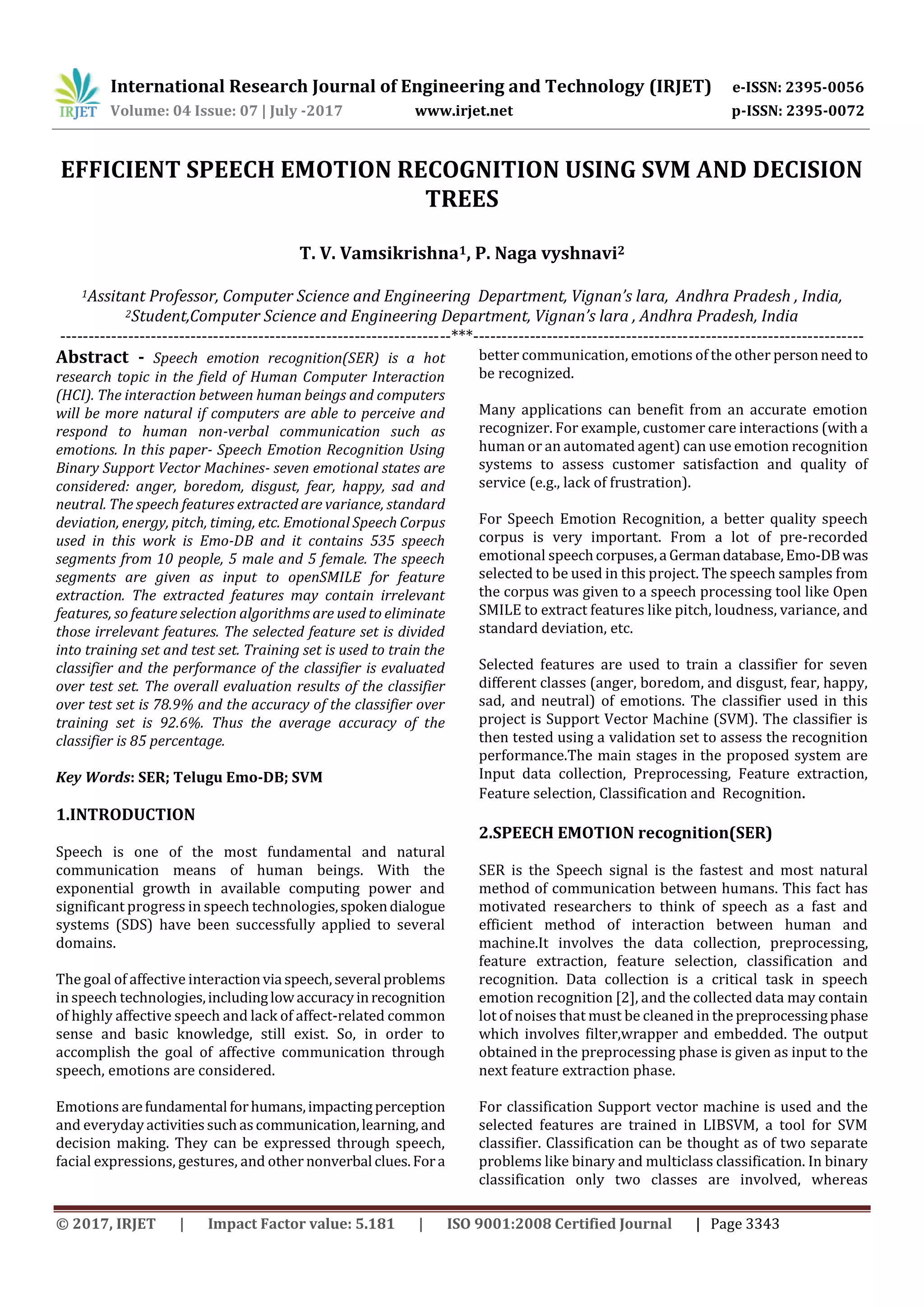 Efficient Speech Emotion Recognition using SVM and Decision Trees | PDF