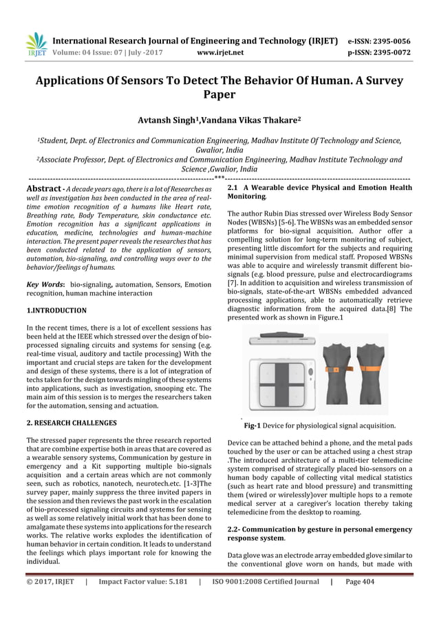Applications of Sensors to Detect the Behavior of Human. A Survey Paper | PDF | Wearable ...