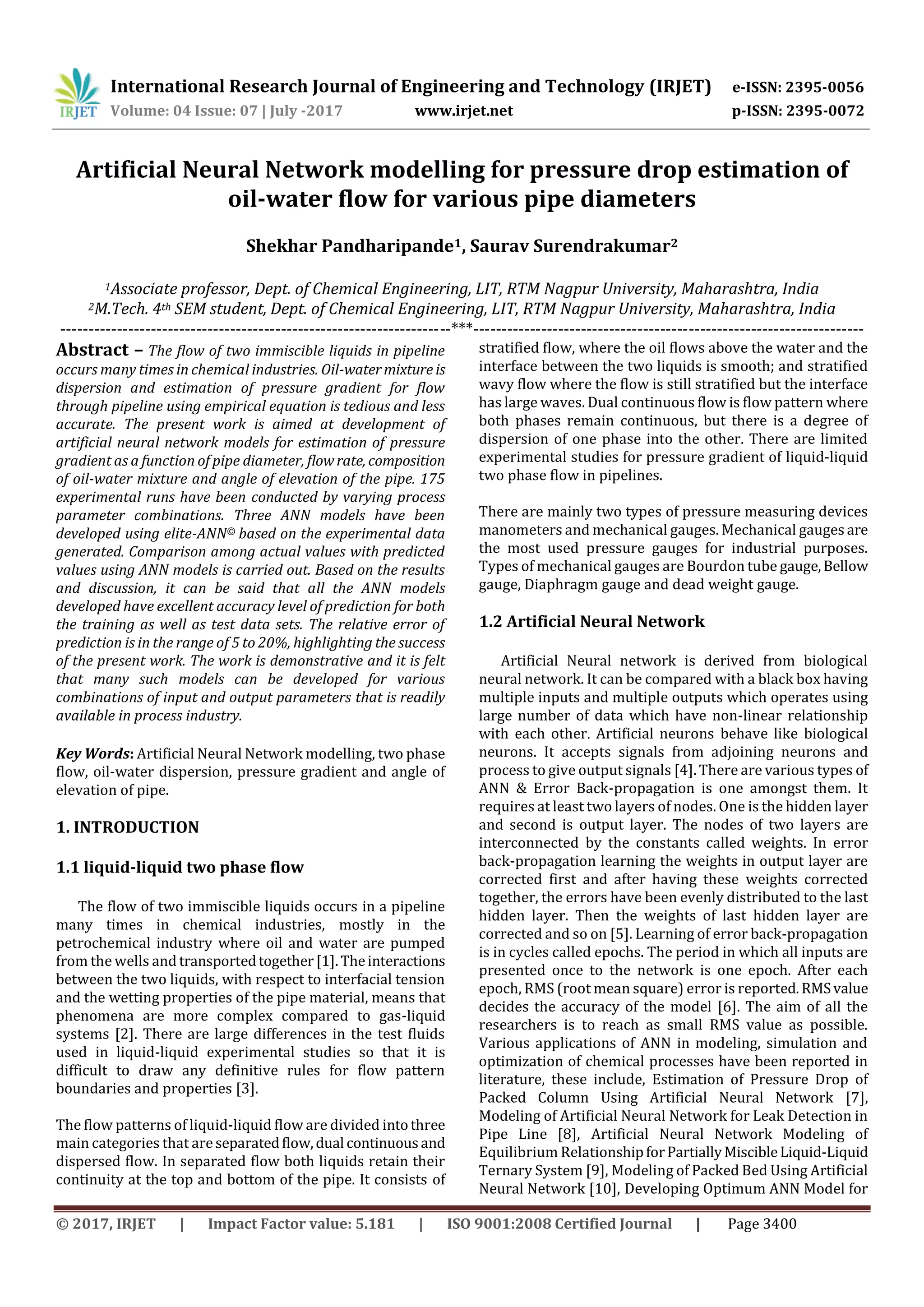 Artificial Neural Network Modelling for Pressure Drop Estimation of Oil ...