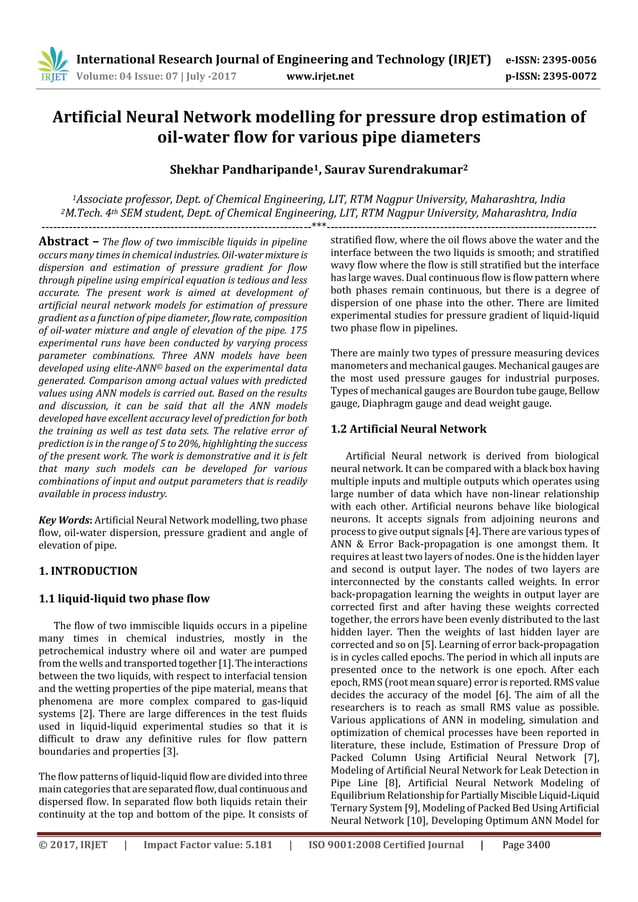 Artificial Neural Network Modelling for Pressure Drop Estimation of Oil-Water Flow for Various ...