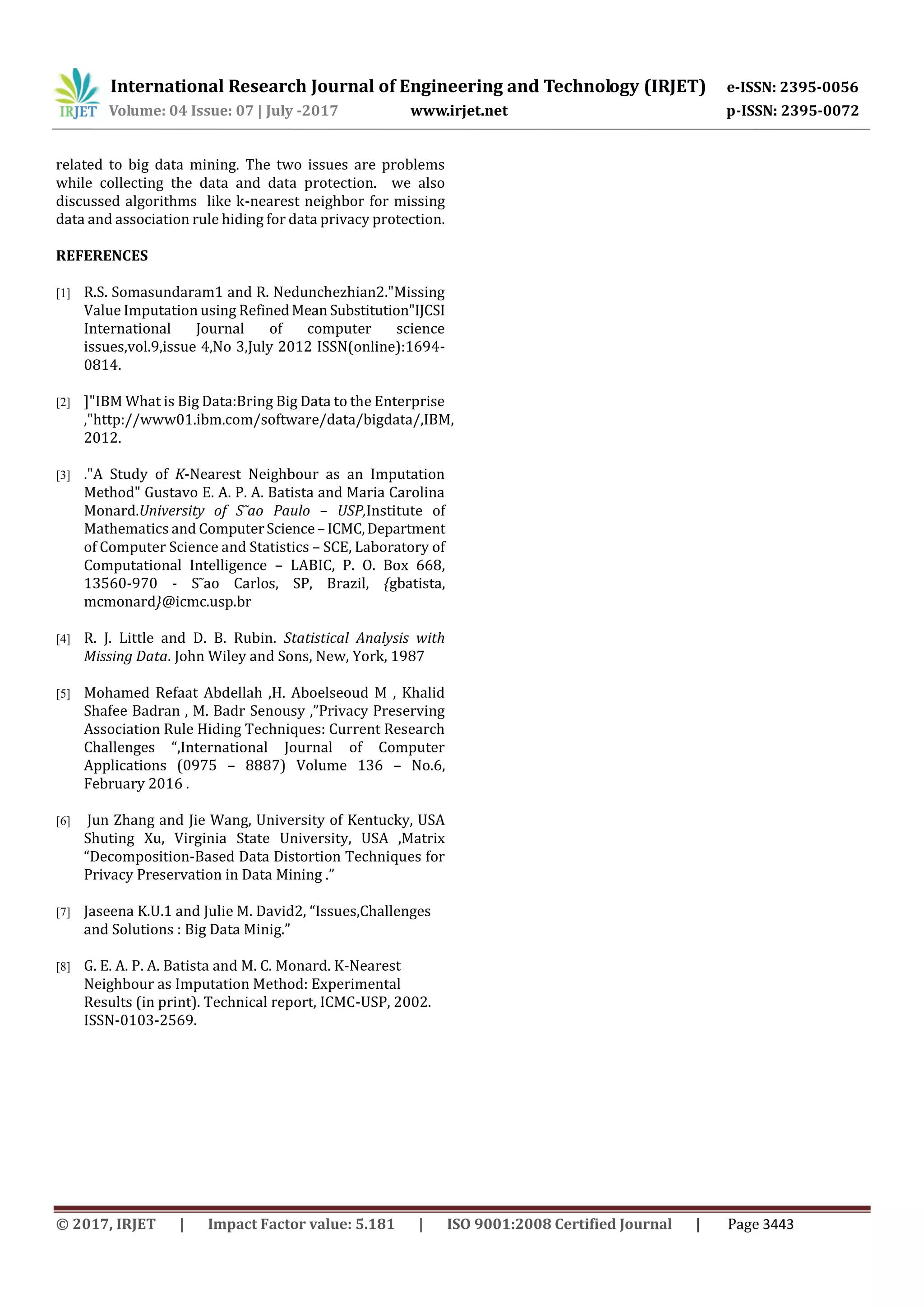 Survey paper on Big Data Imputation and Privacy Algorithms | PDF