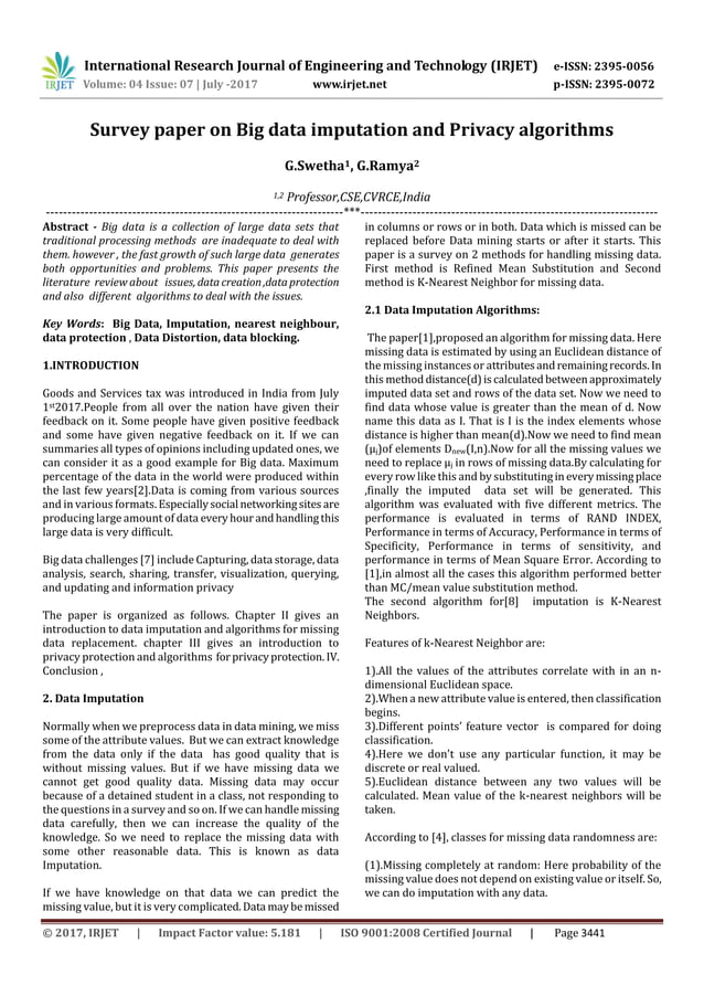 Survey paper on Big Data Imputation and Privacy Algorithms | PDF