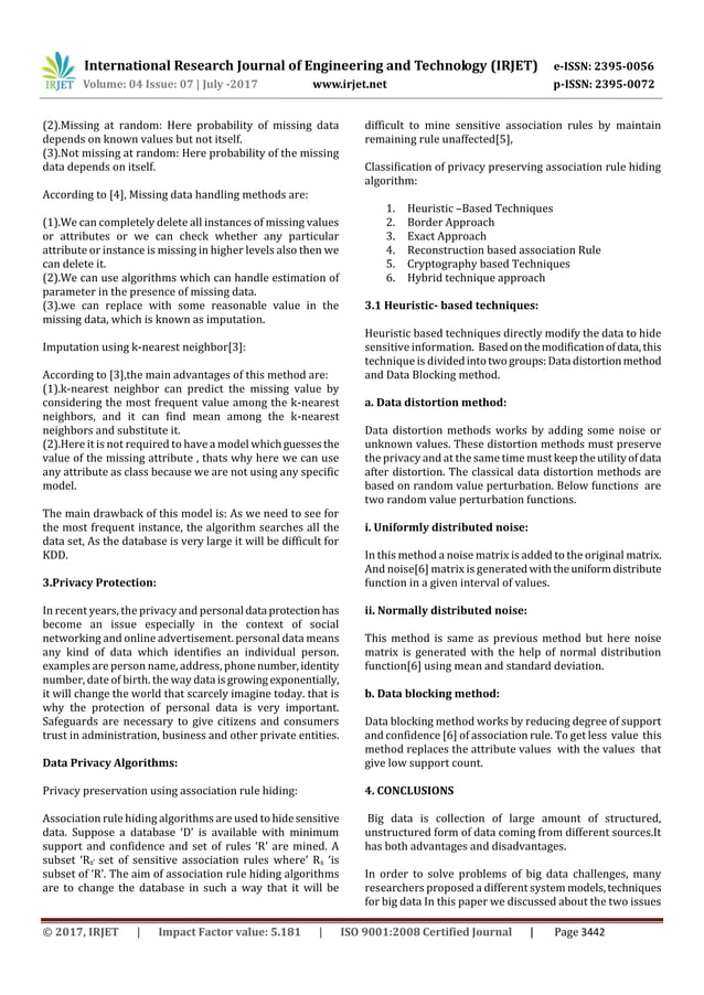 Survey paper on Big Data Imputation and Privacy Algorithms | PDF