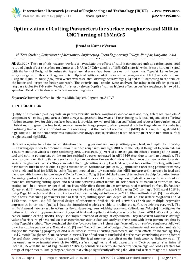 Optimization of Cutting Parameters for Surface Roughness and MRR in CNC ...