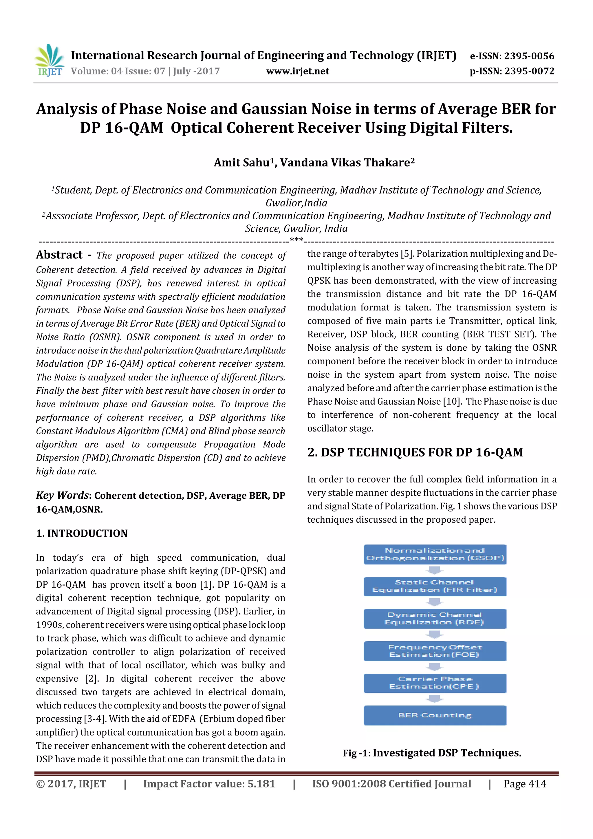 Analysis Of Phase Noise And Gaussian Noise In Terms Of Average Ber For Dp 16 Qam Optical
