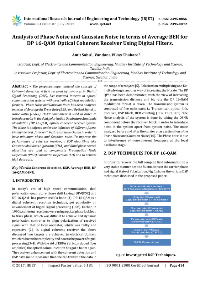 Analysis of Phase Noise and Gaussian Noise in terms of Average BER for DP 16-QAM Optical ...
