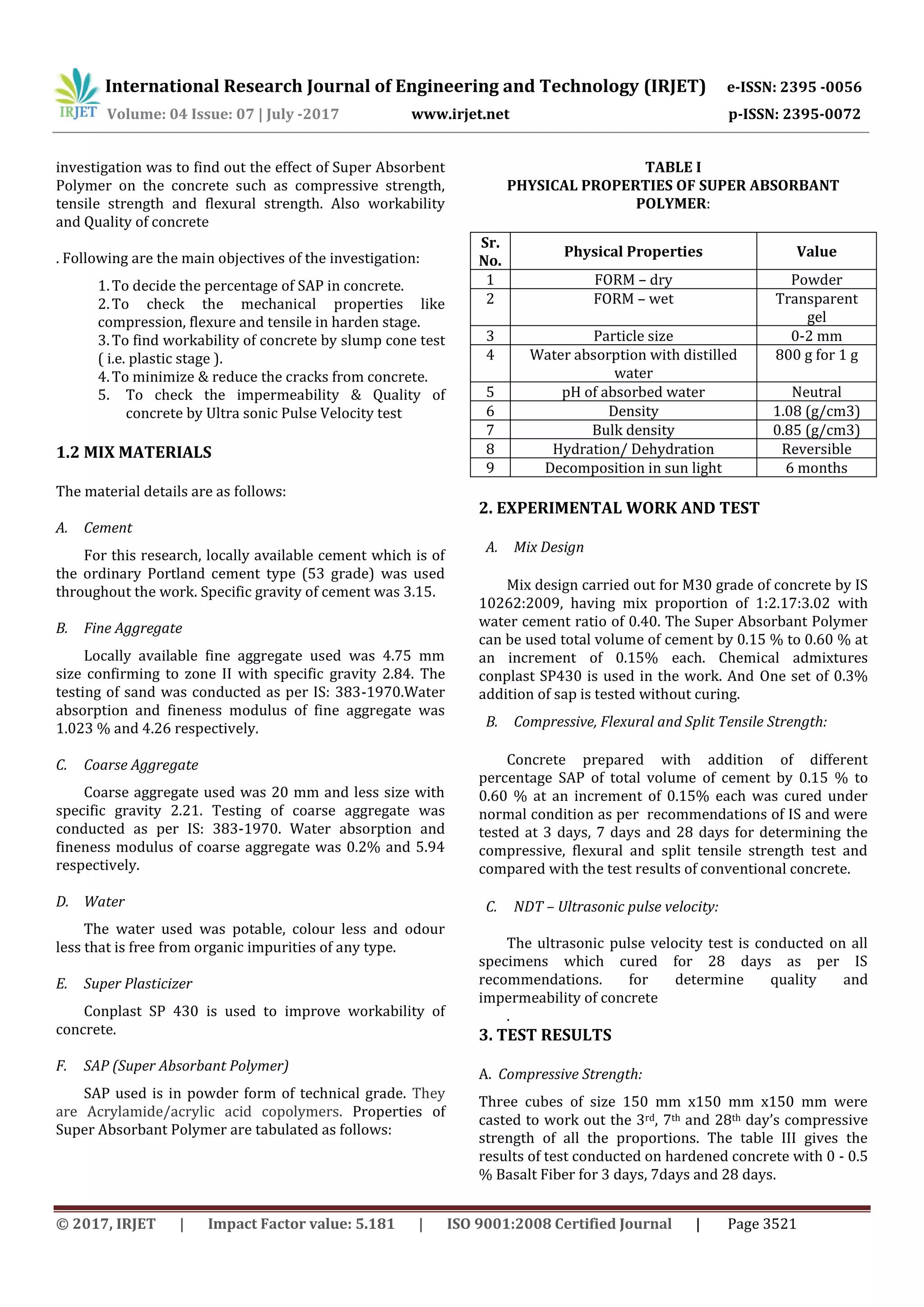 Effect of Super Absorbant Polymer in Concrete | PDF