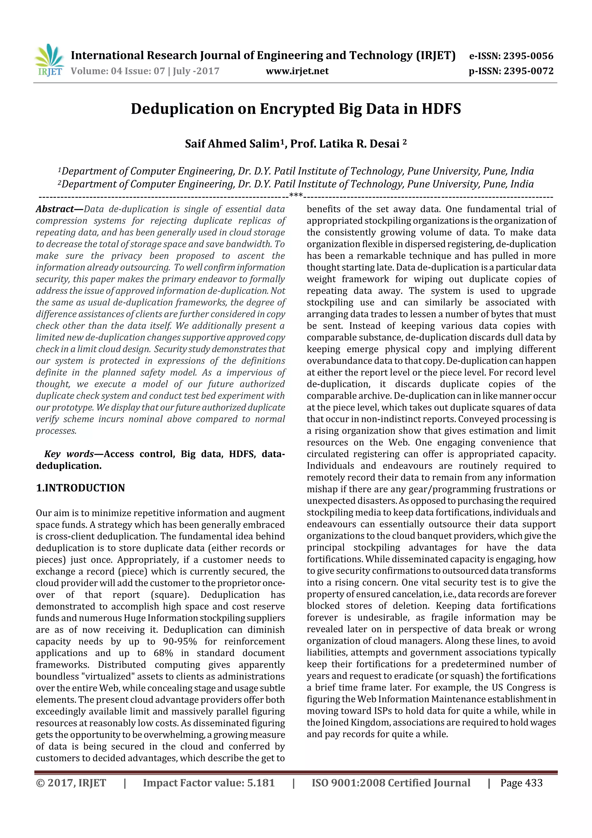 Deduplication on Encrypted Big Data in HDFS | PDF