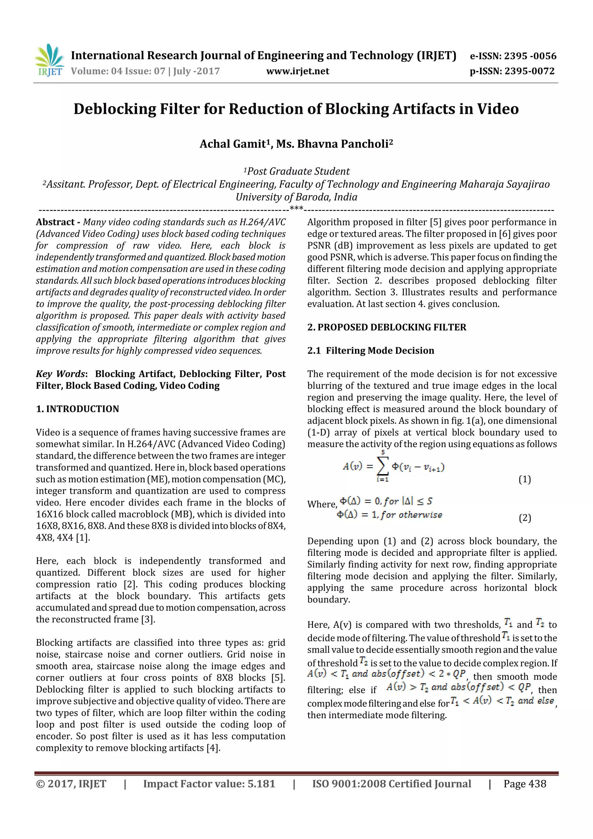 Deblocking Filter For Reduction Of Blocking Artifacts In Video Pdf