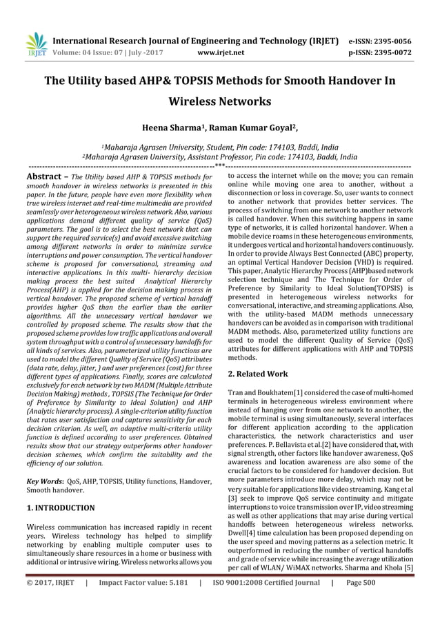 The Utility based AHP& TOPSIS Methods for Smooth Handover in Wireless Networks | PDF