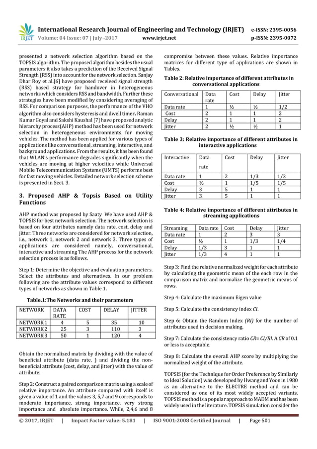 The Utility based AHP& TOPSIS Methods for Smooth Handover in Wireless Networks | PDF