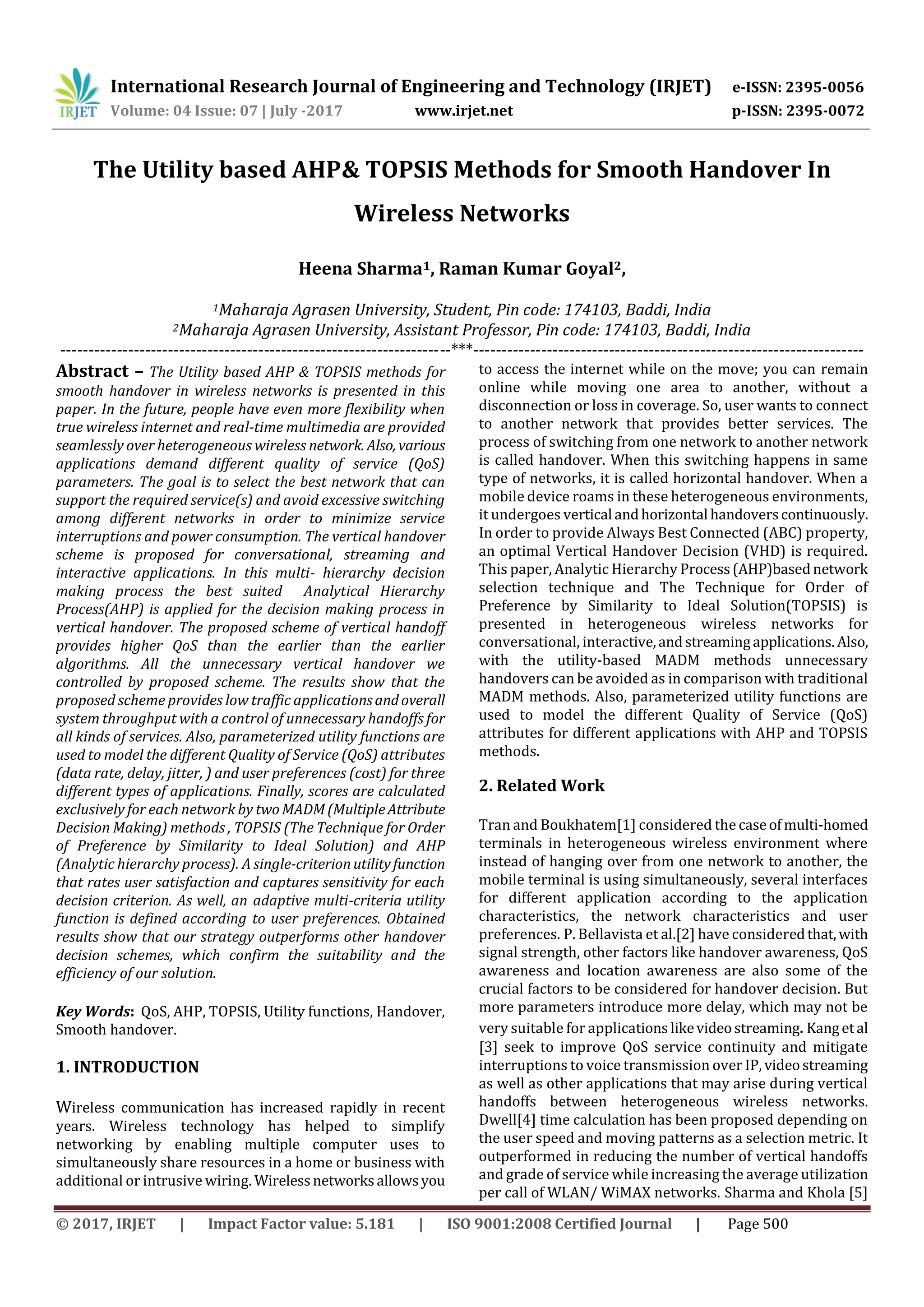 The Utility based AHP& TOPSIS Methods for Smooth Handover in Wireless ...