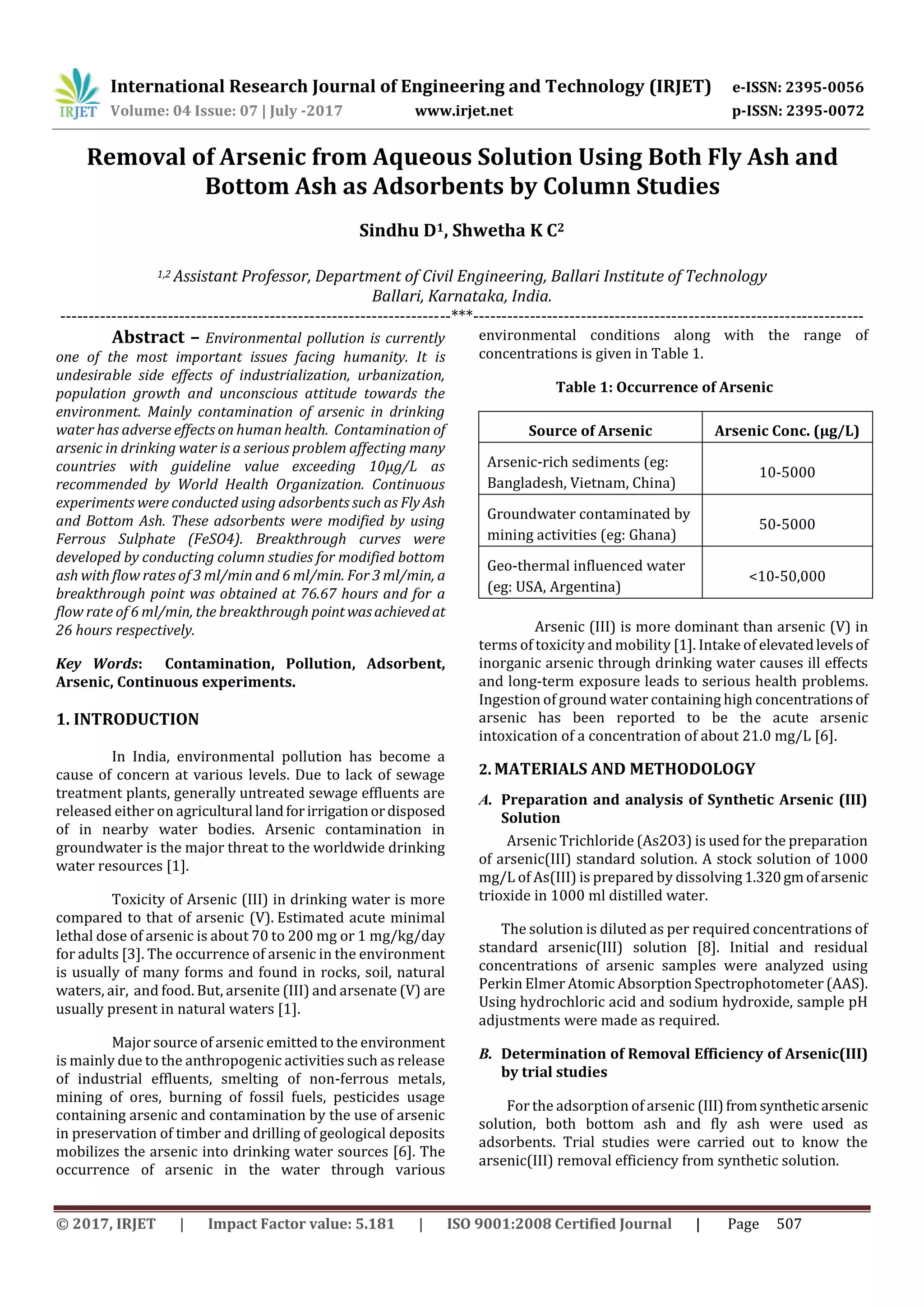 Removal of Arsenic from Aqueous Solution using Both Fly Ash and Bottom ...