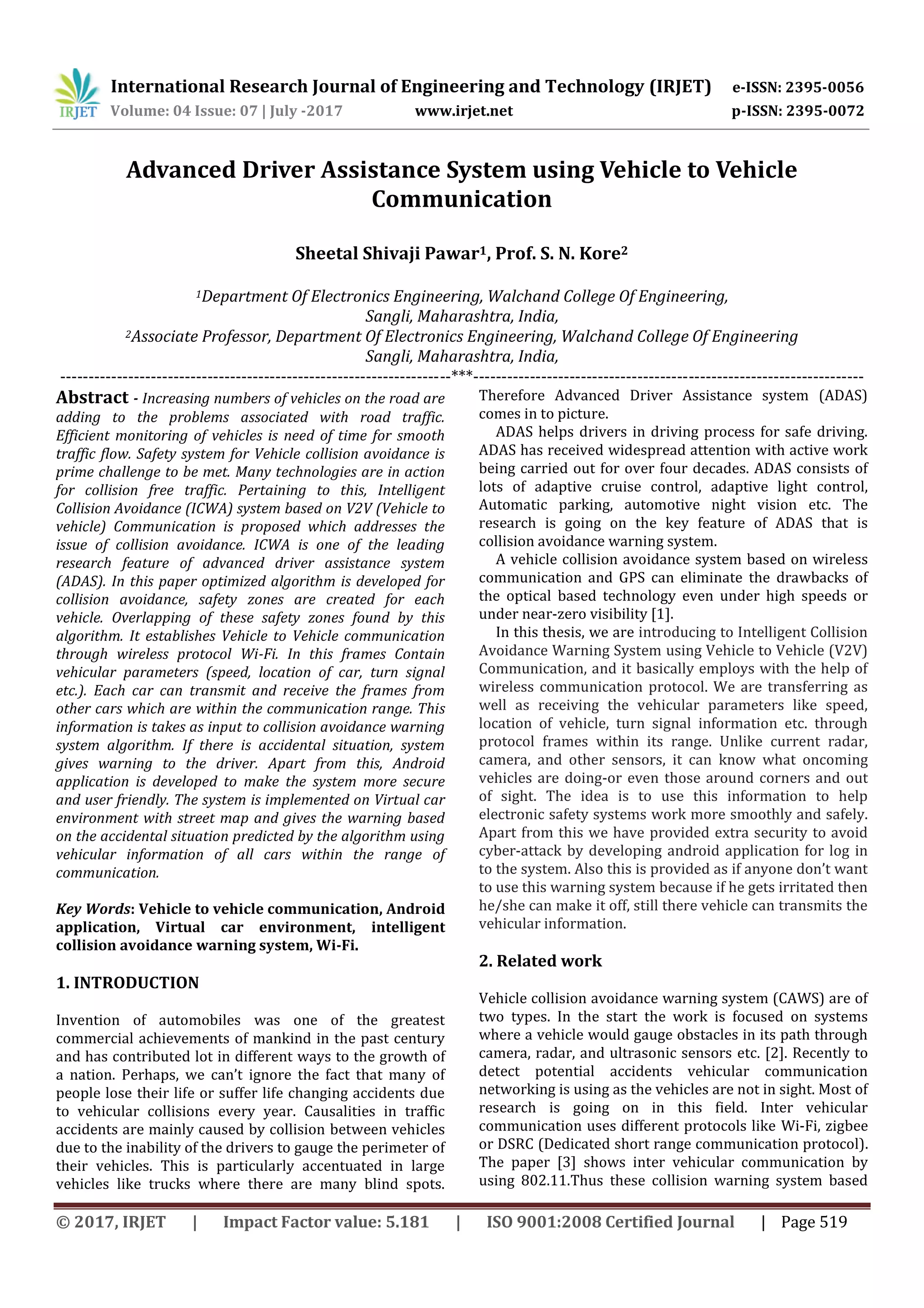 Advanced Driver Assistance System using Vehicle to Vehicle Communication | PDF