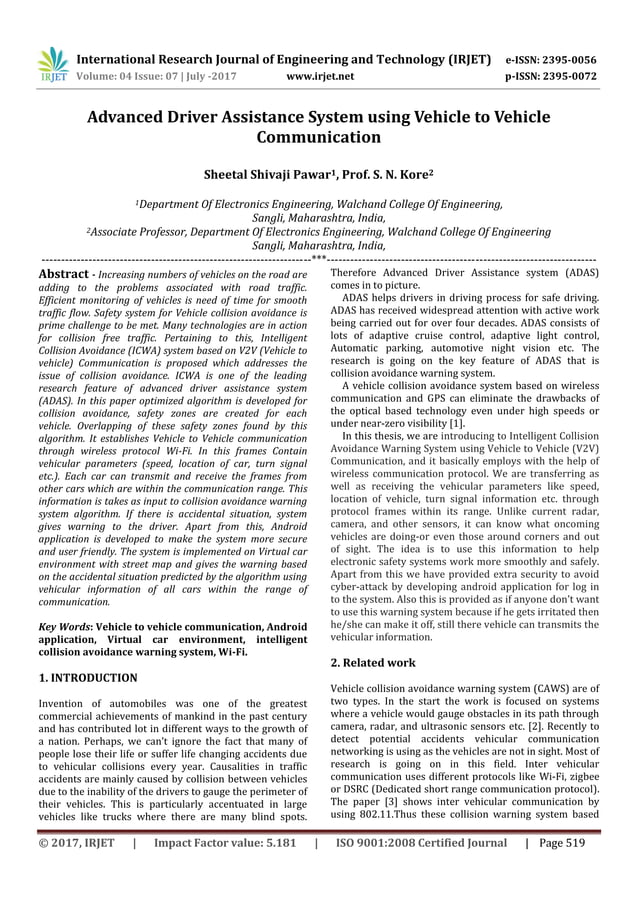 Advanced Driver Assistance System using Vehicle to Vehicle Communication | PDF