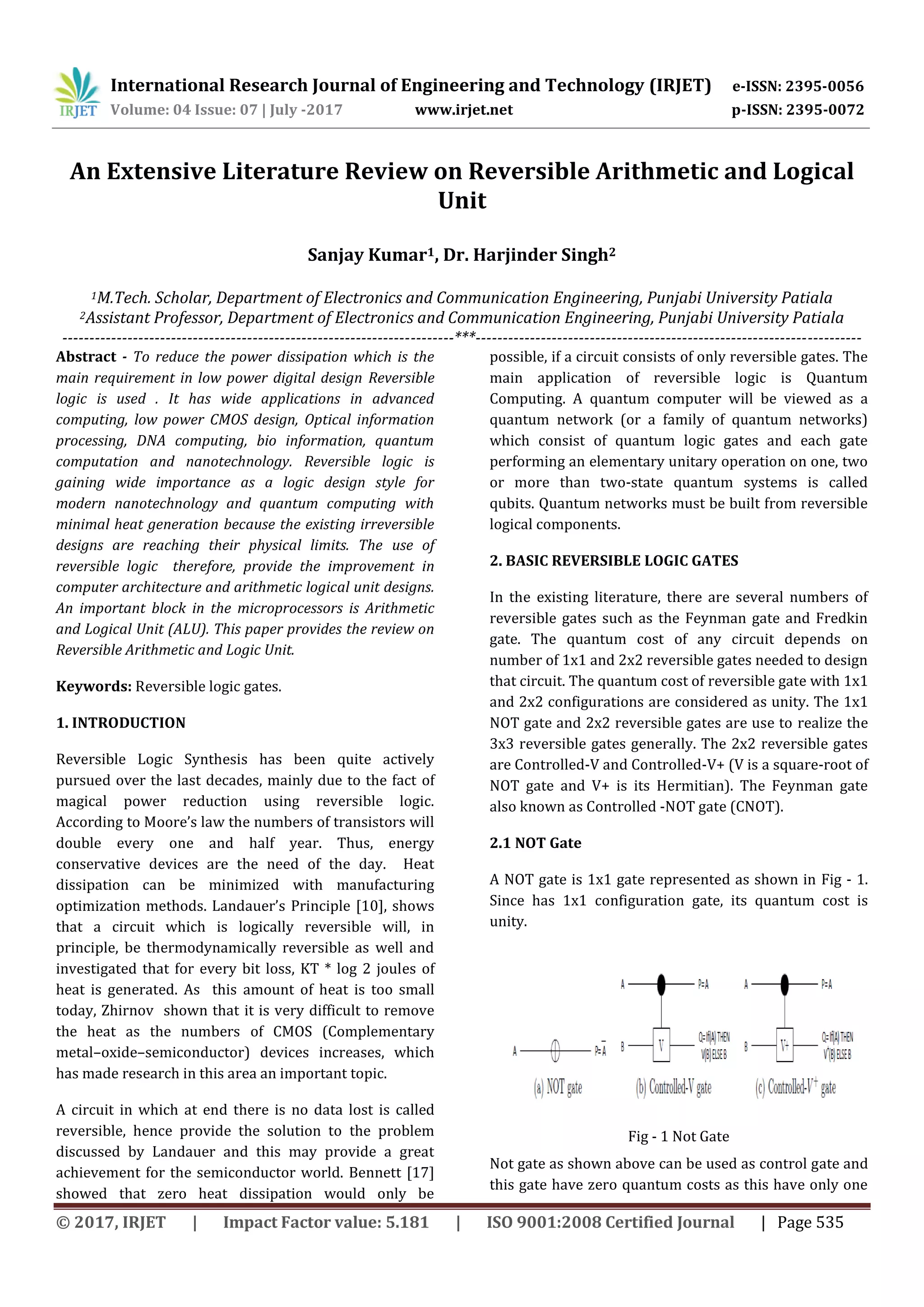 An Extensive Literature Review on Reversible Arithmetic and Logical Unit | PDF