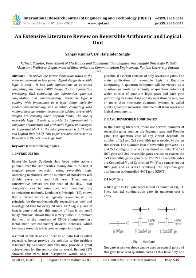 An Extensive Literature Review on Reversible Arithmetic and Logical Unit | PDF