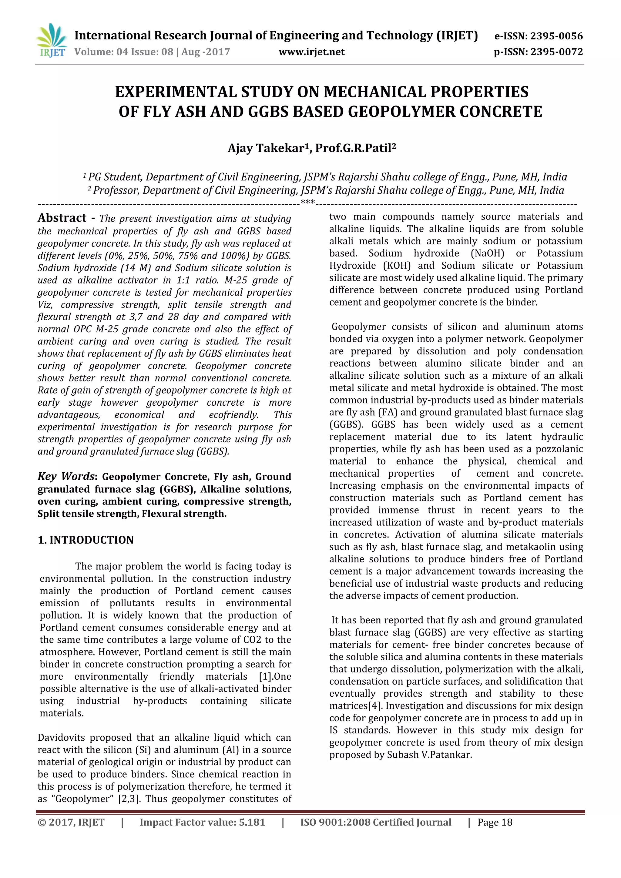 Experimental Study on Mechanical Properties of Fly Ash and GGBS Based ...