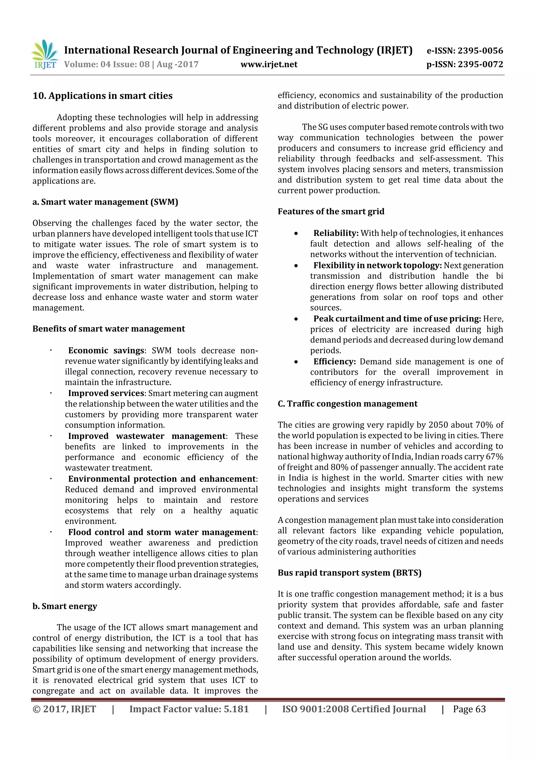 Irjet v4 i810Study on ICT, IoT and Big Data Analaytics in Smart City ...