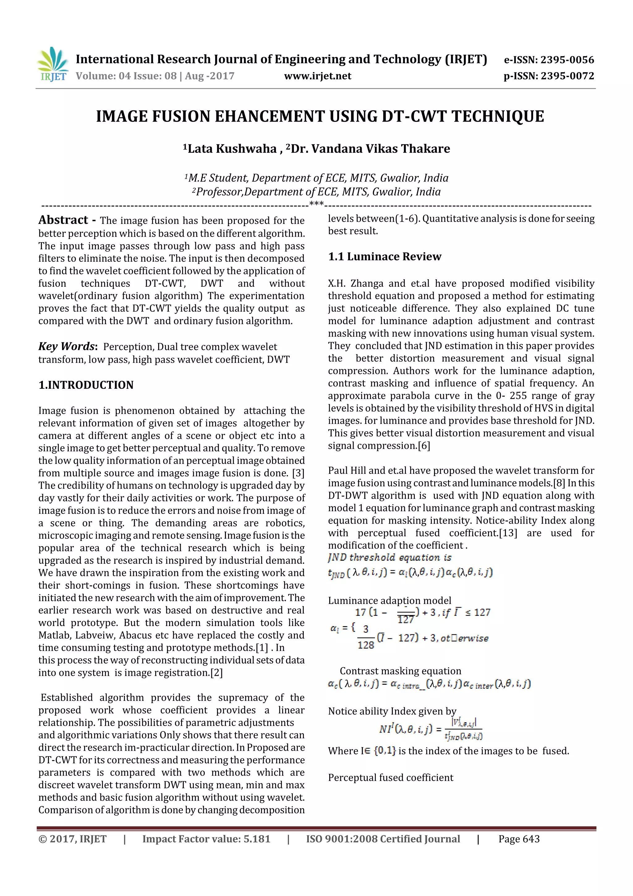 Image Fusion Ehancement using DT-CWT Technique | PDF