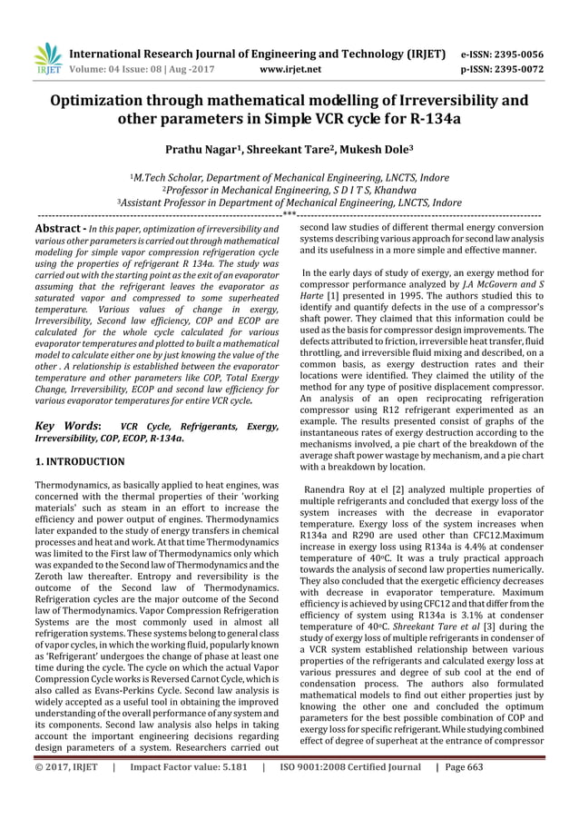 Optimization through Mathematical Modelling of Irreversibility and Other Parameters in Simple ...