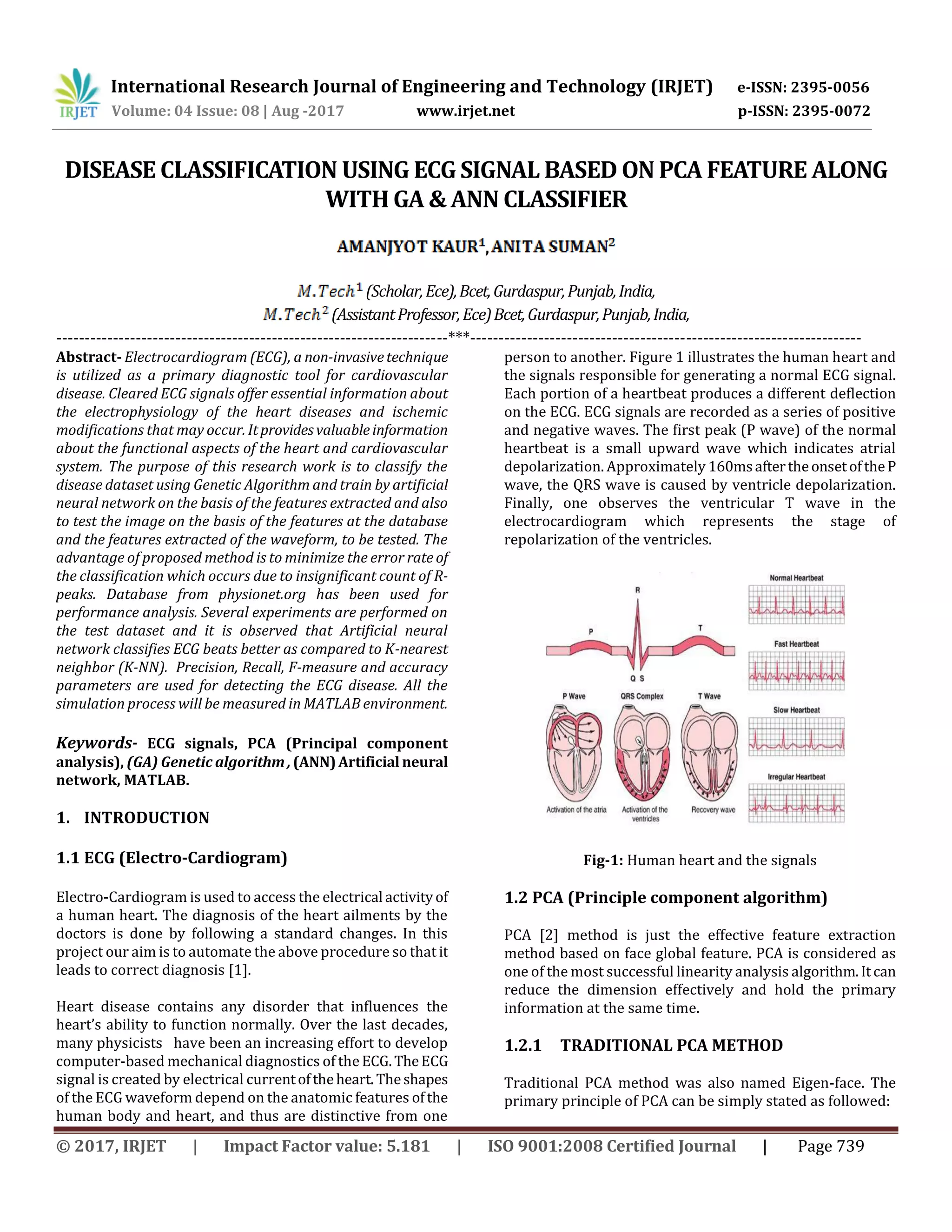 Disease Classification using ECG Signal Based on PCA Feature along with GA & ANN Classifier | PDF